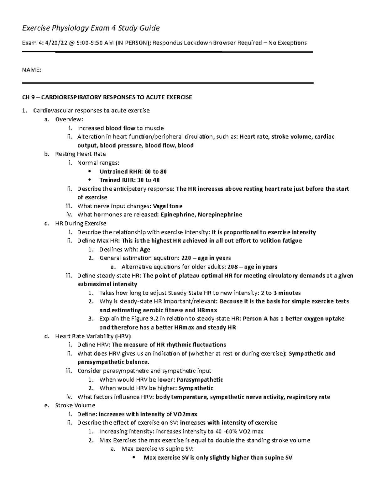 Ex Phys Exam 4 Ch 9 Study Guide - Exercise Physiology Exam 4 Study ...