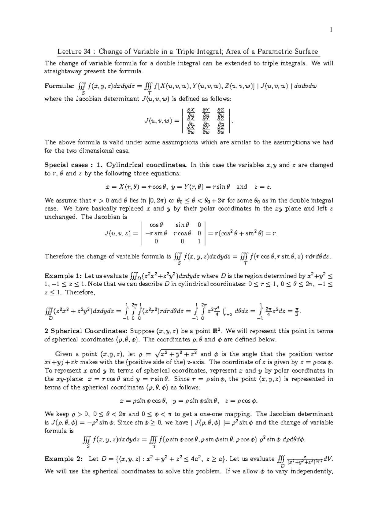 Change of Variable in a Triple Integral; Area of a Parametric Surface - We will straightaway ...