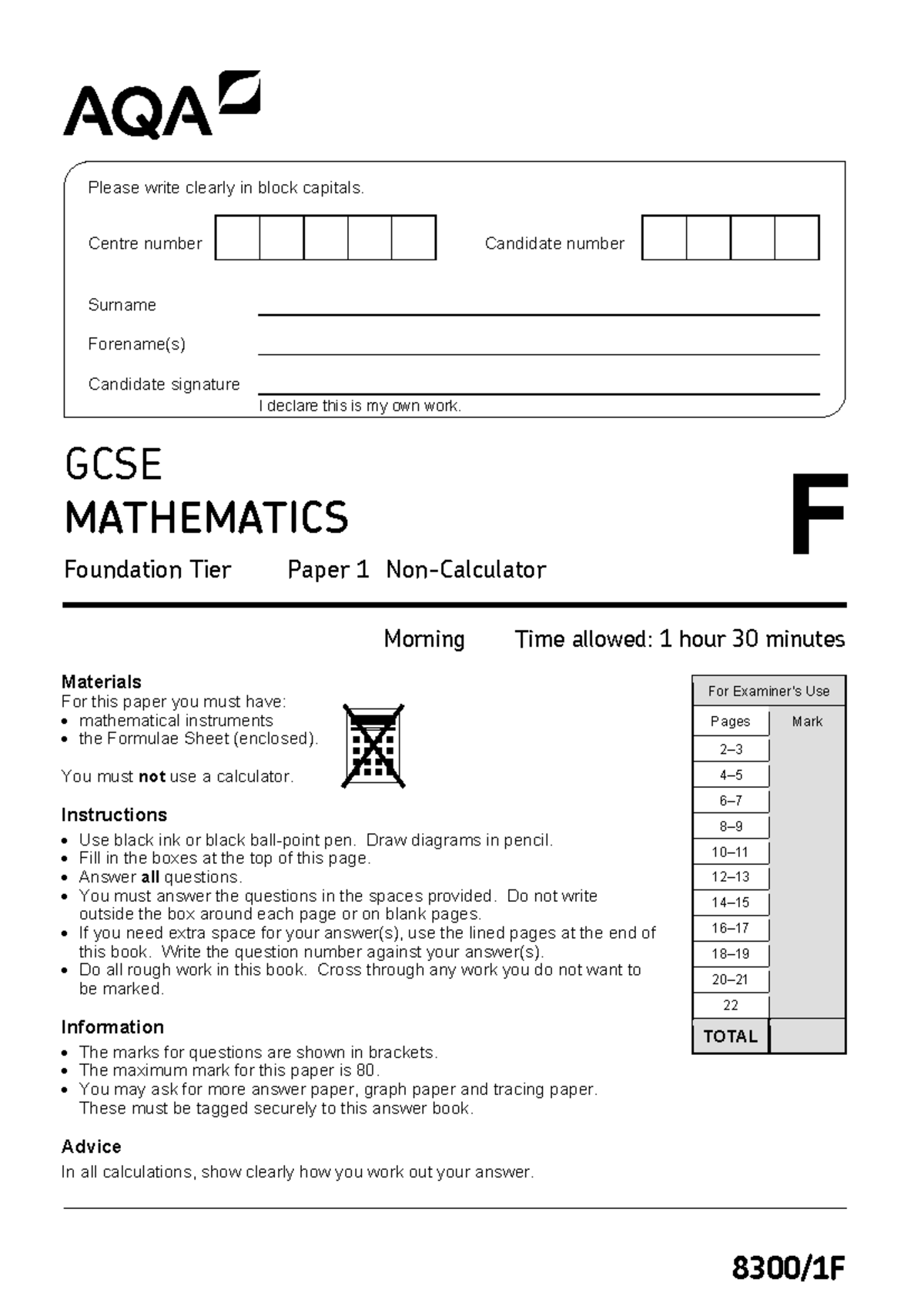 June 2023 aqa non calc - 23 paper aqa maths - Jun2383001F01 IB/M/Jun23 ...