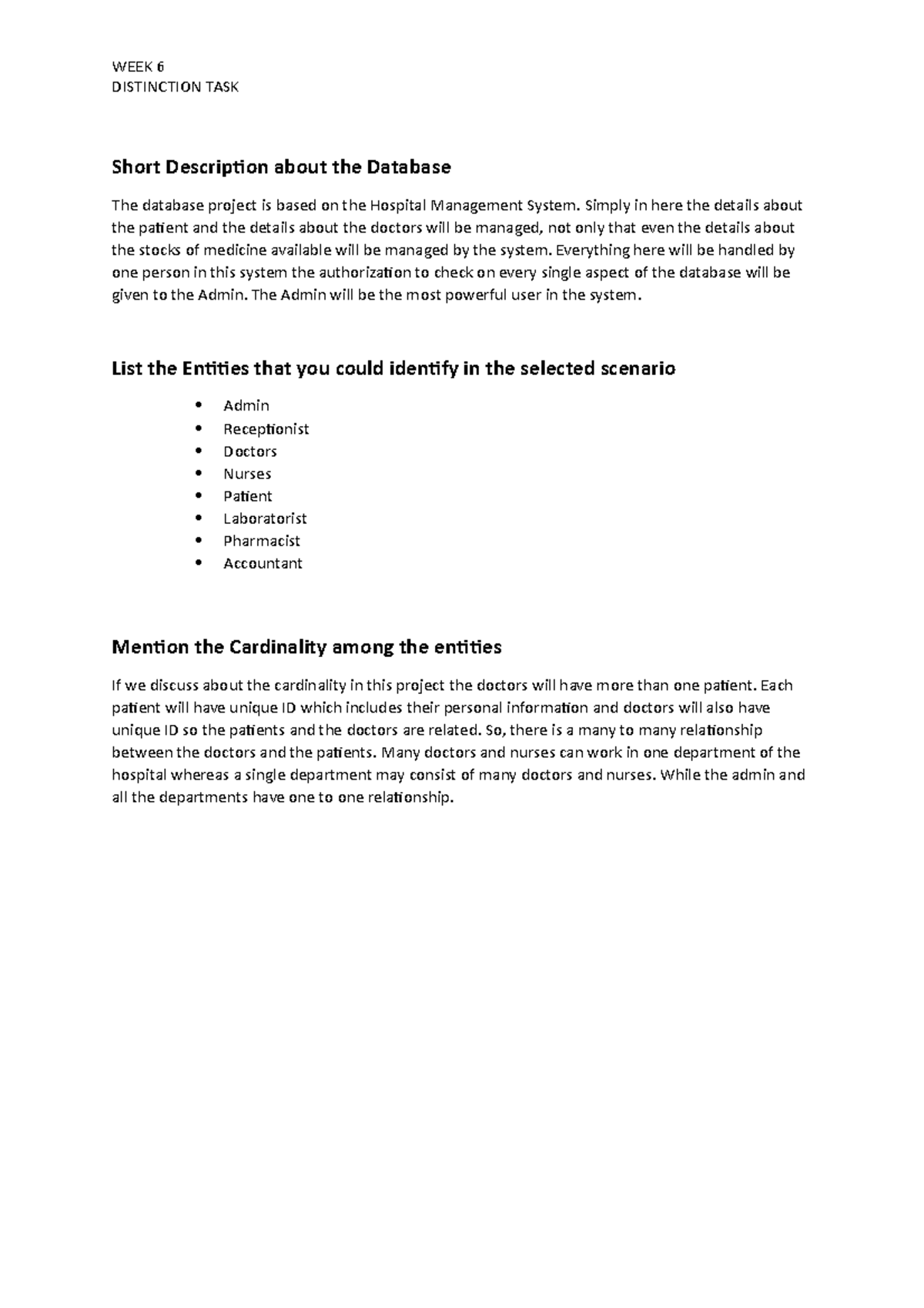 Distinction task - The distinctuon task in week 10 - WEEK 6 DISTINCTION ...