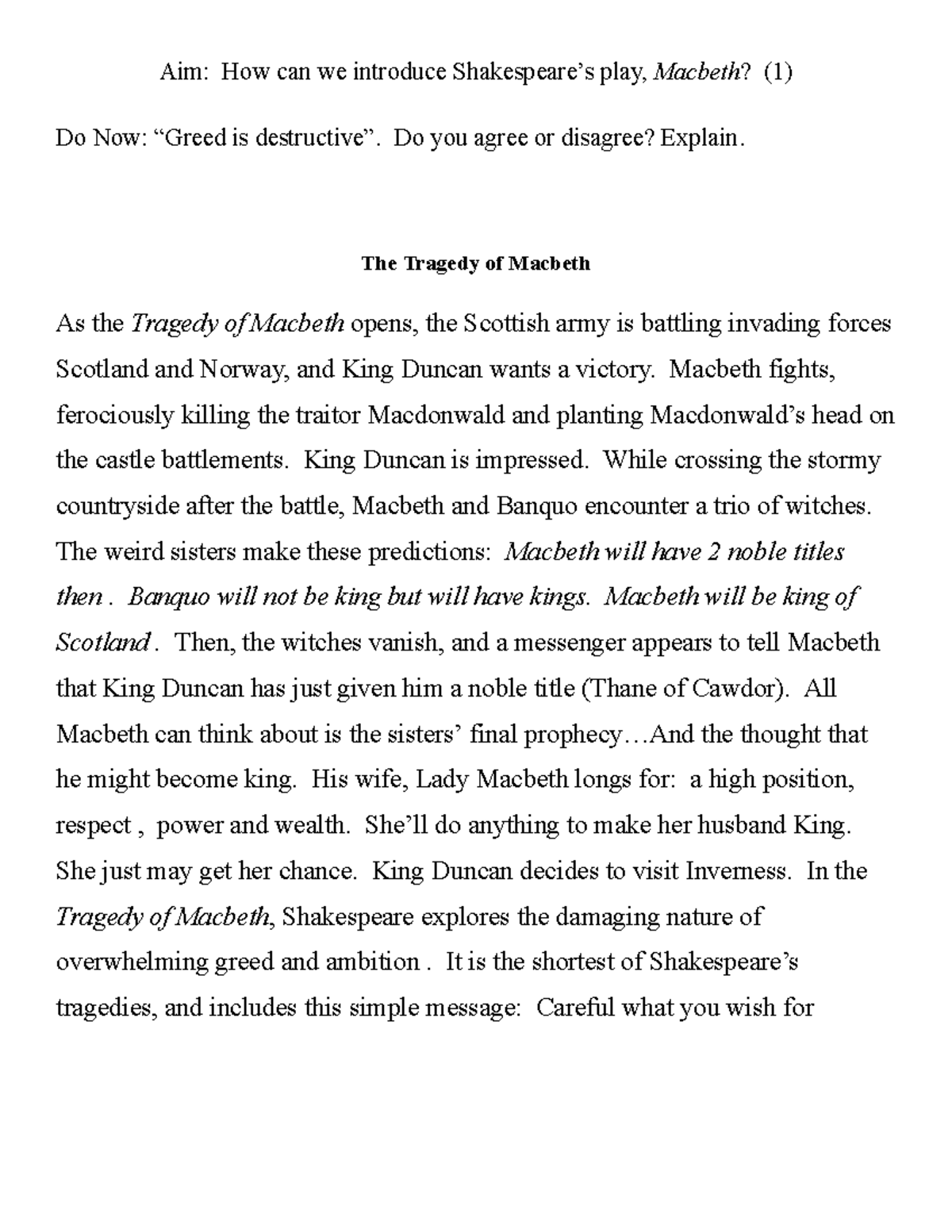 Review Sheet Macbeth Act 1 - Aim: How can we introduce Shakespeare’s ...