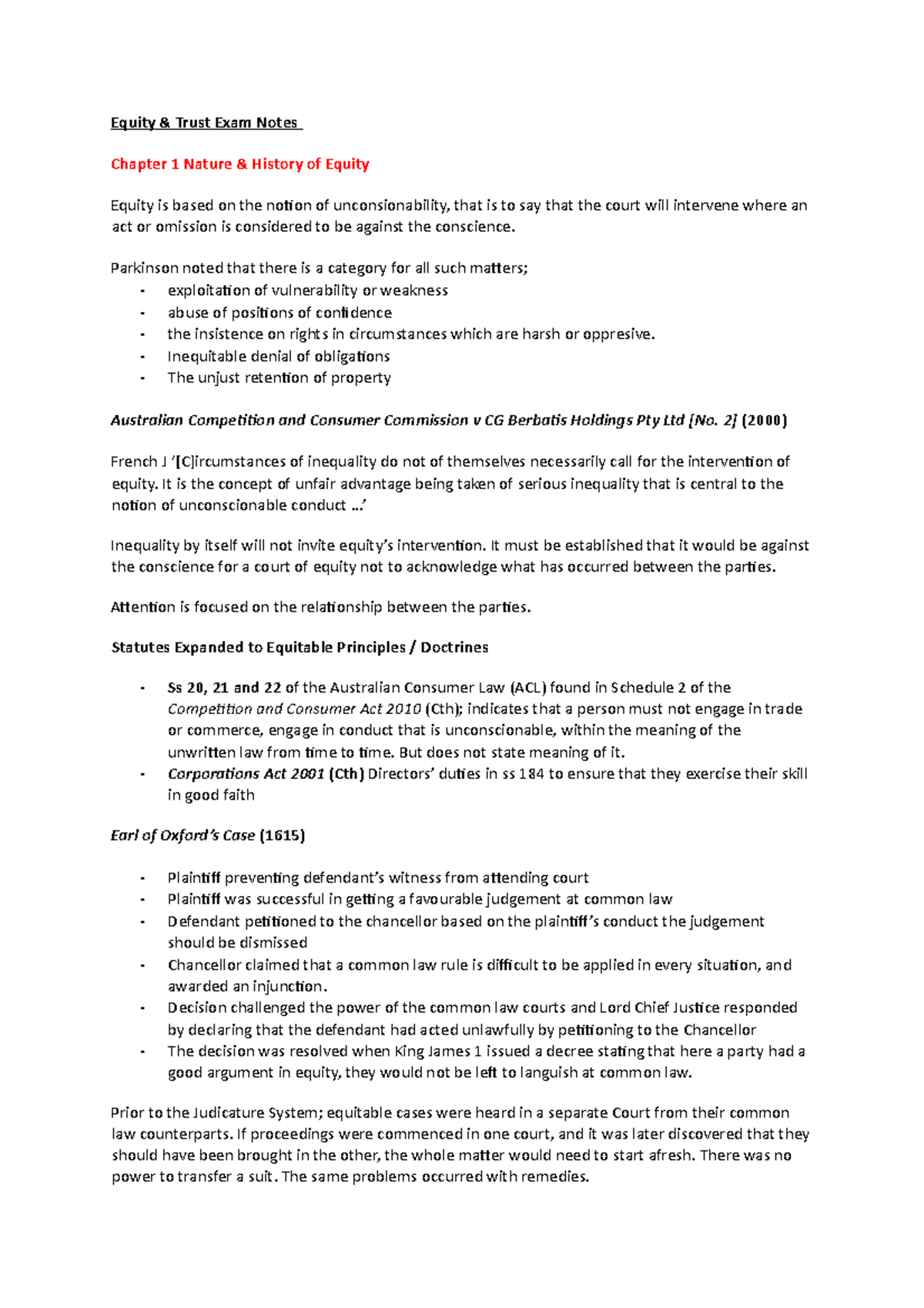 Exam notes - Equity & Trust Exam Notes Chapter 1 Nature & History of ...