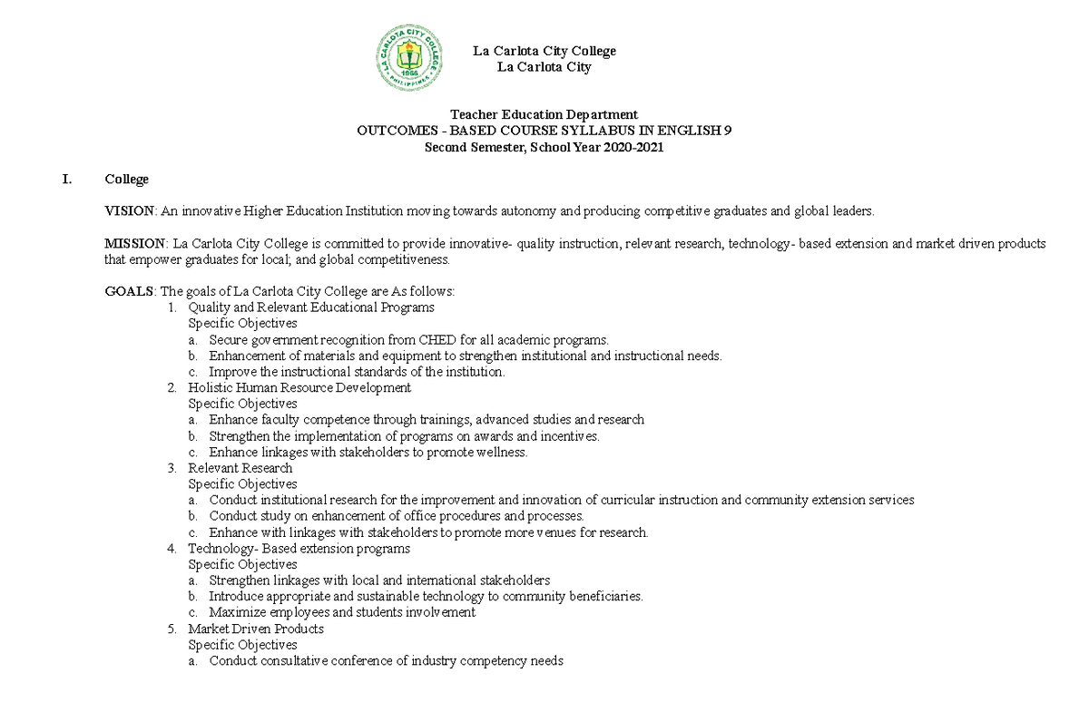 English 9 - Syllabus in Introduction to linguistics - La Carlota City ...