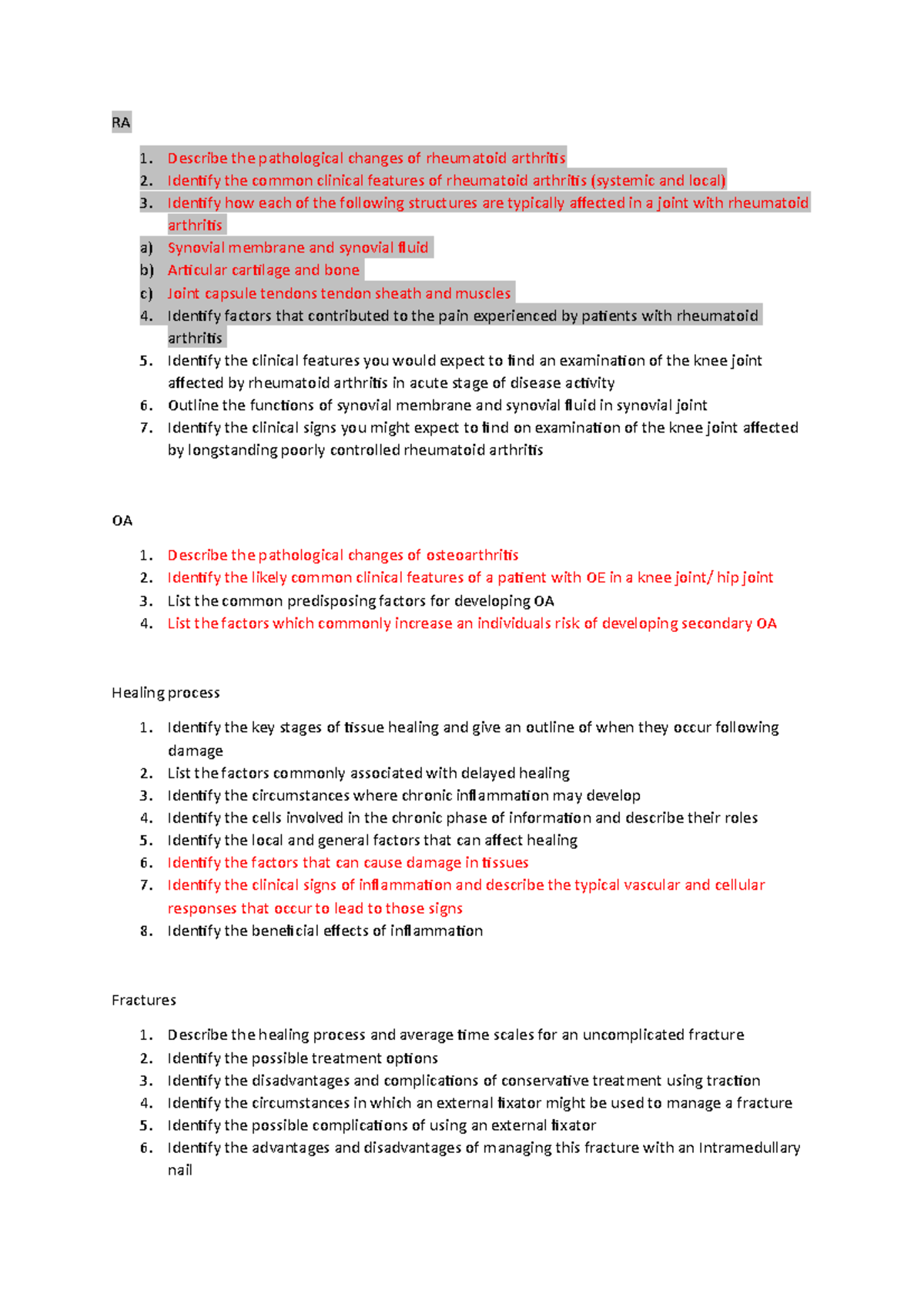 Pathology all past exam questions - RA Describe the pathological ...