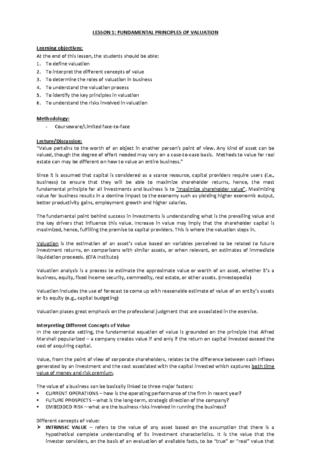 Topic 1 Fundamental Principles OF Valuation - LESSON 1: FUNDAMENTAL PRINCIPLES OF VALUATION ...