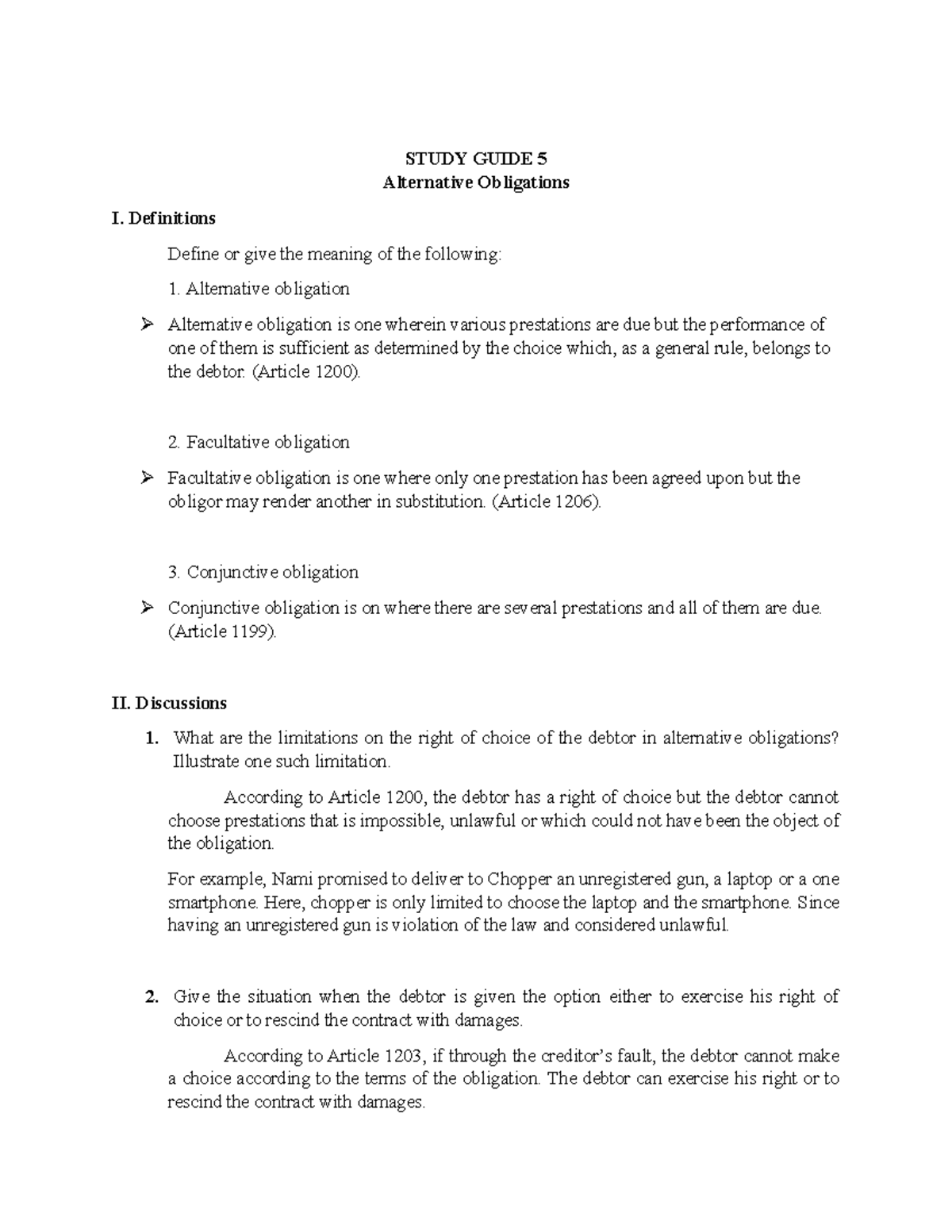 Oblicon Study Guide - aaa - STUDY GUIDE 5 Alternative Obligations I ...