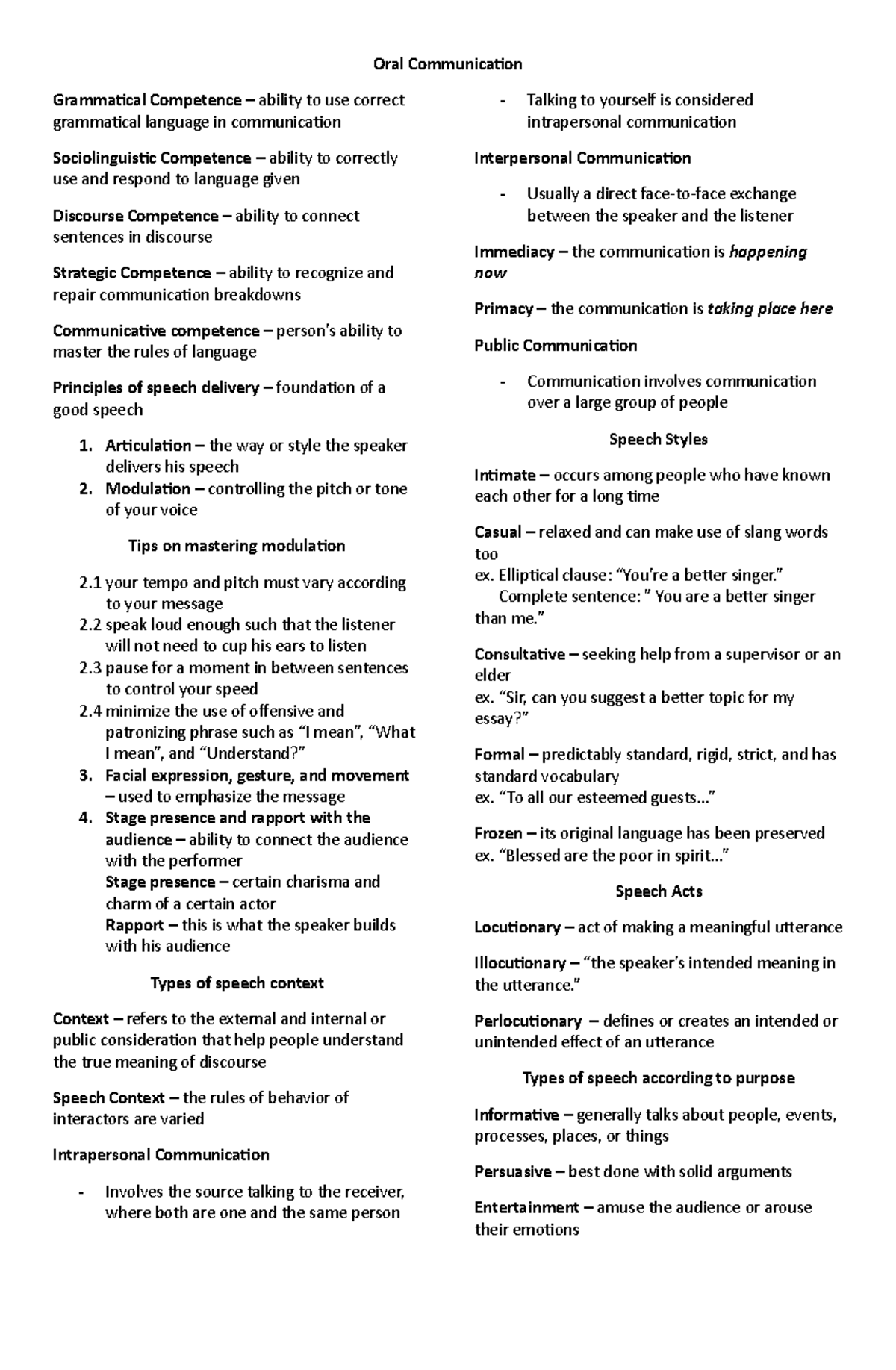 Oral Comm - Notes - Oral Communication Grammatical Competence – ability ...