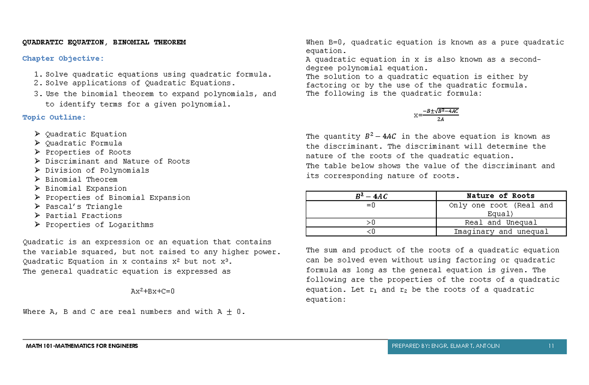 Module 2. Quadratic Equation, Binomial Theorem - QUADRATIC EQUATION ...