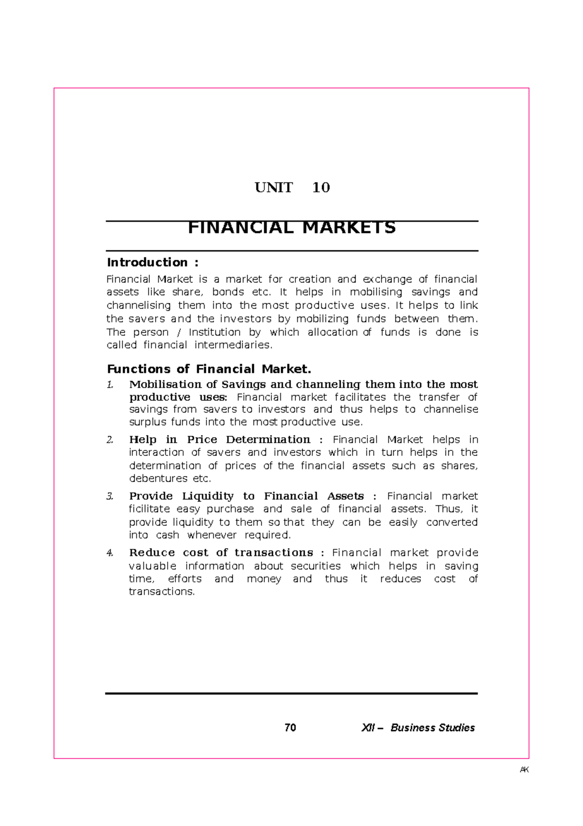 12 business studies CH 10 financial markets - UNIT 10 FINANCIAL MARKETS ...
