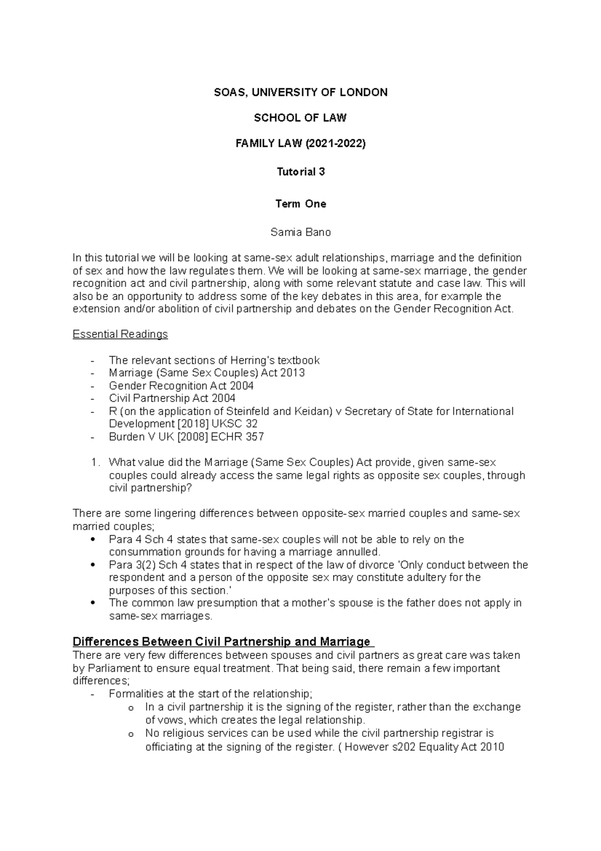 Tutorial 3- Same Sex Marriage, marriage and the definition of sex and ...