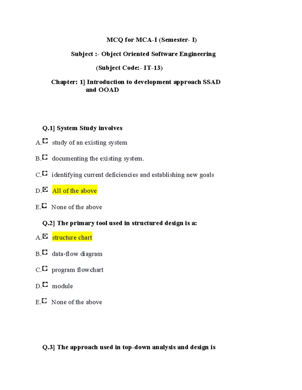 Chap 1 Mcq Mcq For Mca I Semester I Subject Object Oriented Software Engineering