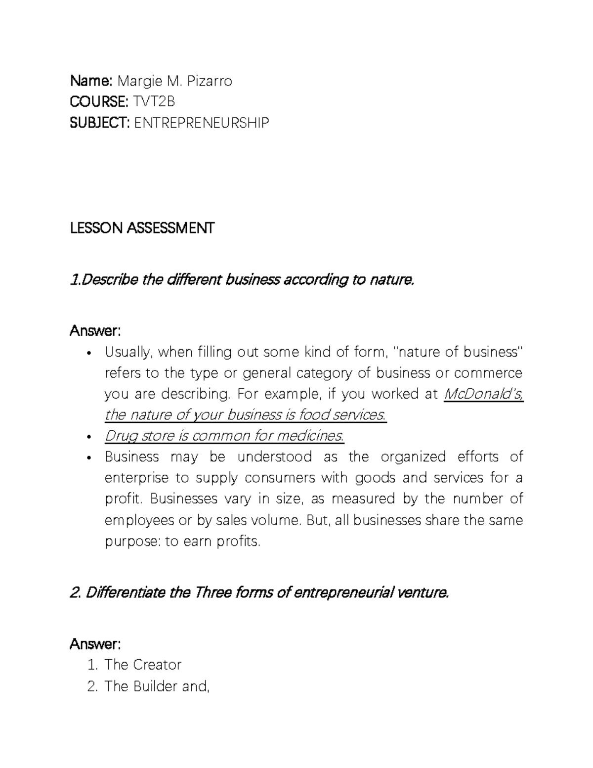 Lesson assessment in entrep - Name: Margie M. Pizarro COURSE: TVT2B ...