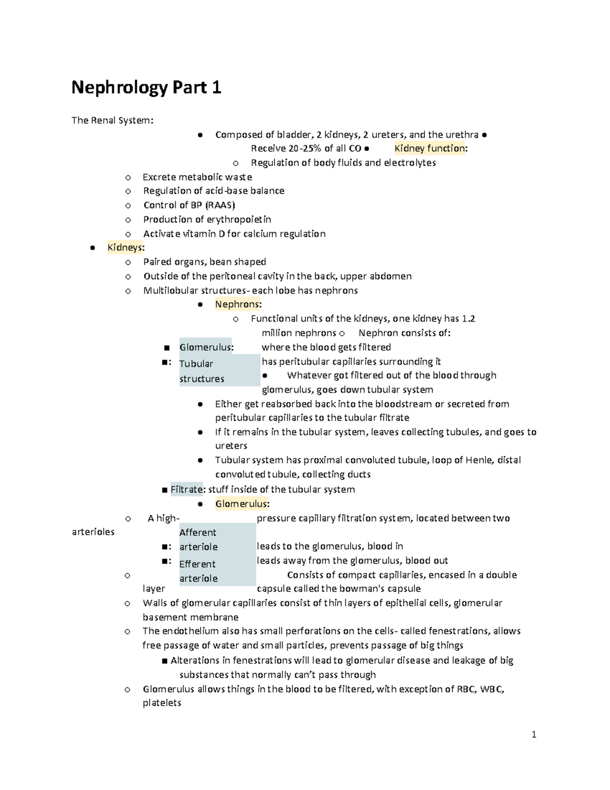 NSG422 Nephrology Lecture notes Part 1 - 1 Nephrology Part 1 The Renal ...