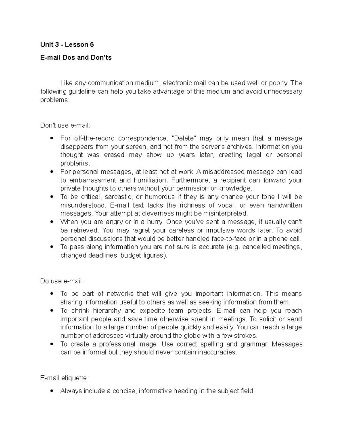 E-mail Dos and Don'ts - Unit 3 - Lesson 5 E-mail Dos and Don’ts Like ...