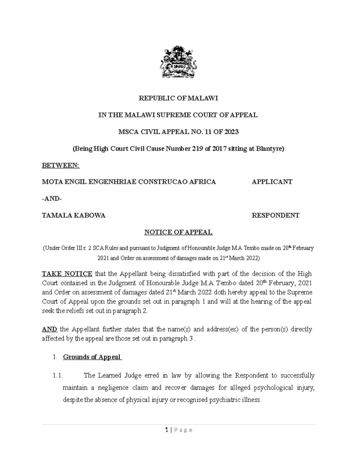 Clinical Legal Education - REPUBLIC OF MALAWI IN THE MALAWI SUPREME COURT OF APPEAL MSCA CIVIL ...