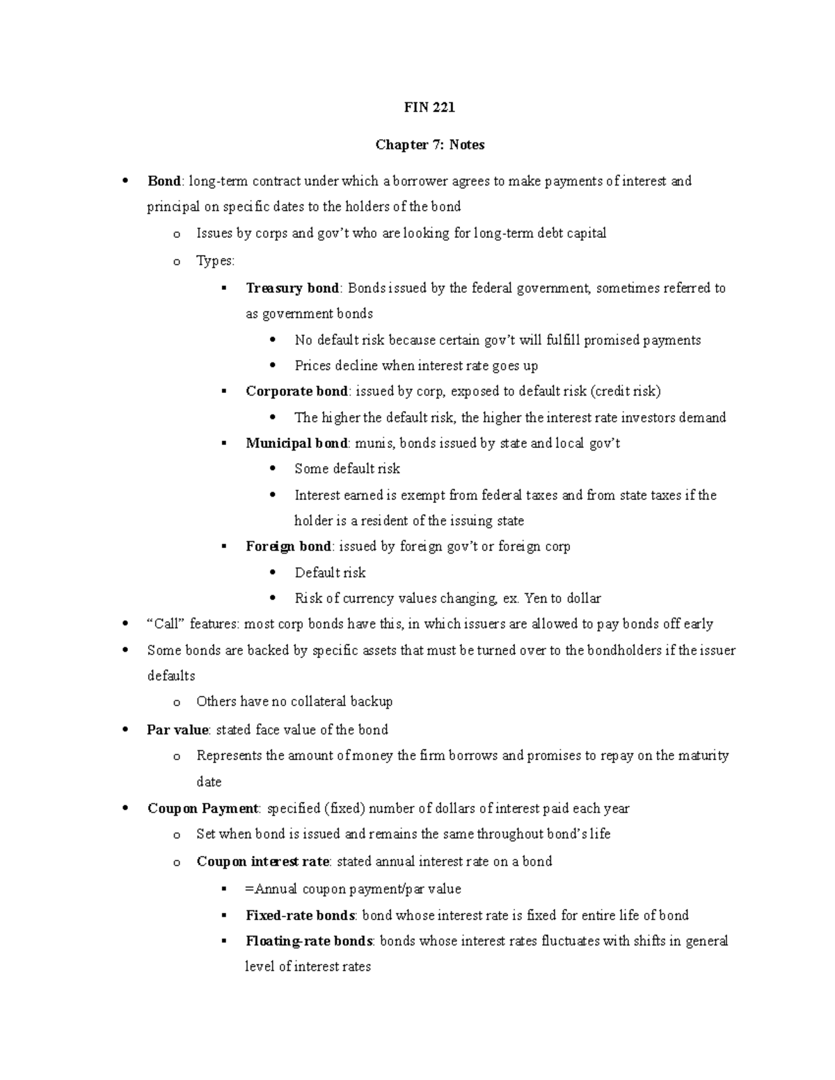 FIN 221 Chapter 7 - Lecture notes 7 - FIN 221 Chapter 7: Notes Bond ...