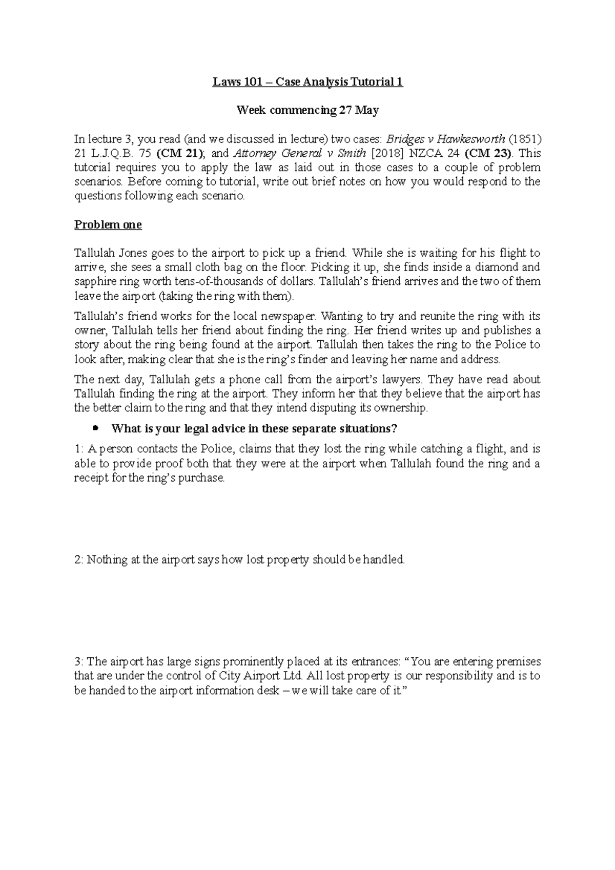 Case Analysis Tut1 2019 (1) - Laws 101 – Case Analysis Tutorial 1 Week ...