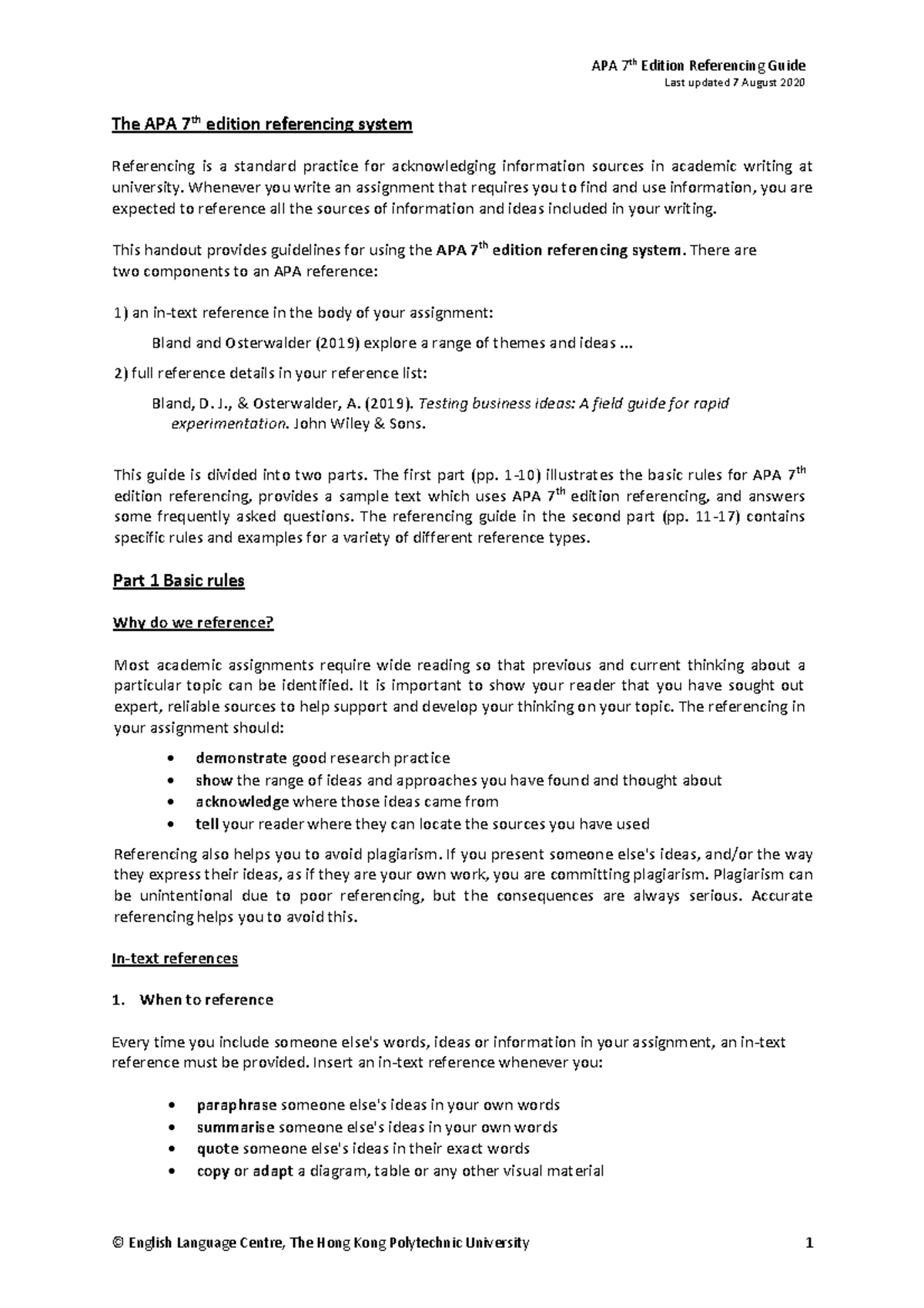 APA - Lecture notes 1 - Last updated 7 August 2020 The APA 7th edition ...