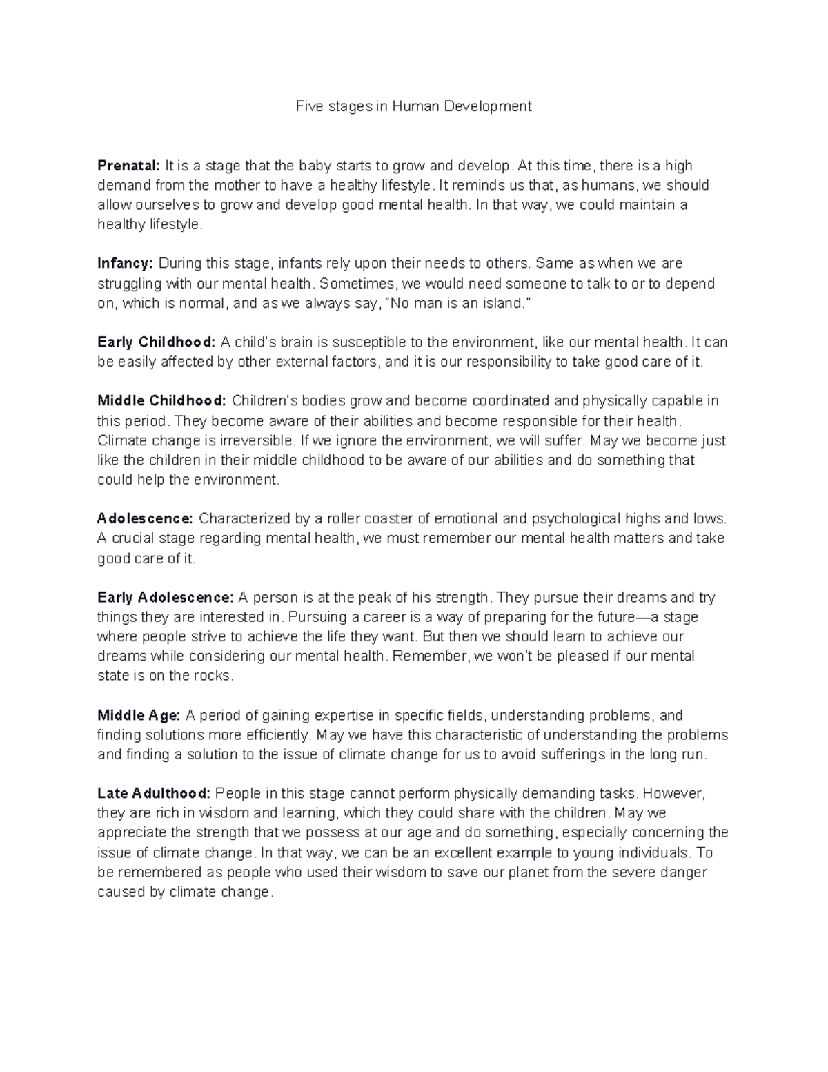 Five stages in Human Development. notesdocx - Five stages in Human ...