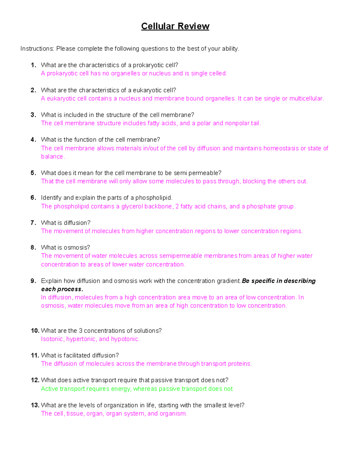 Cellular Review 2022 (ANSWERS) - Cellular Review Instructions: Please ...