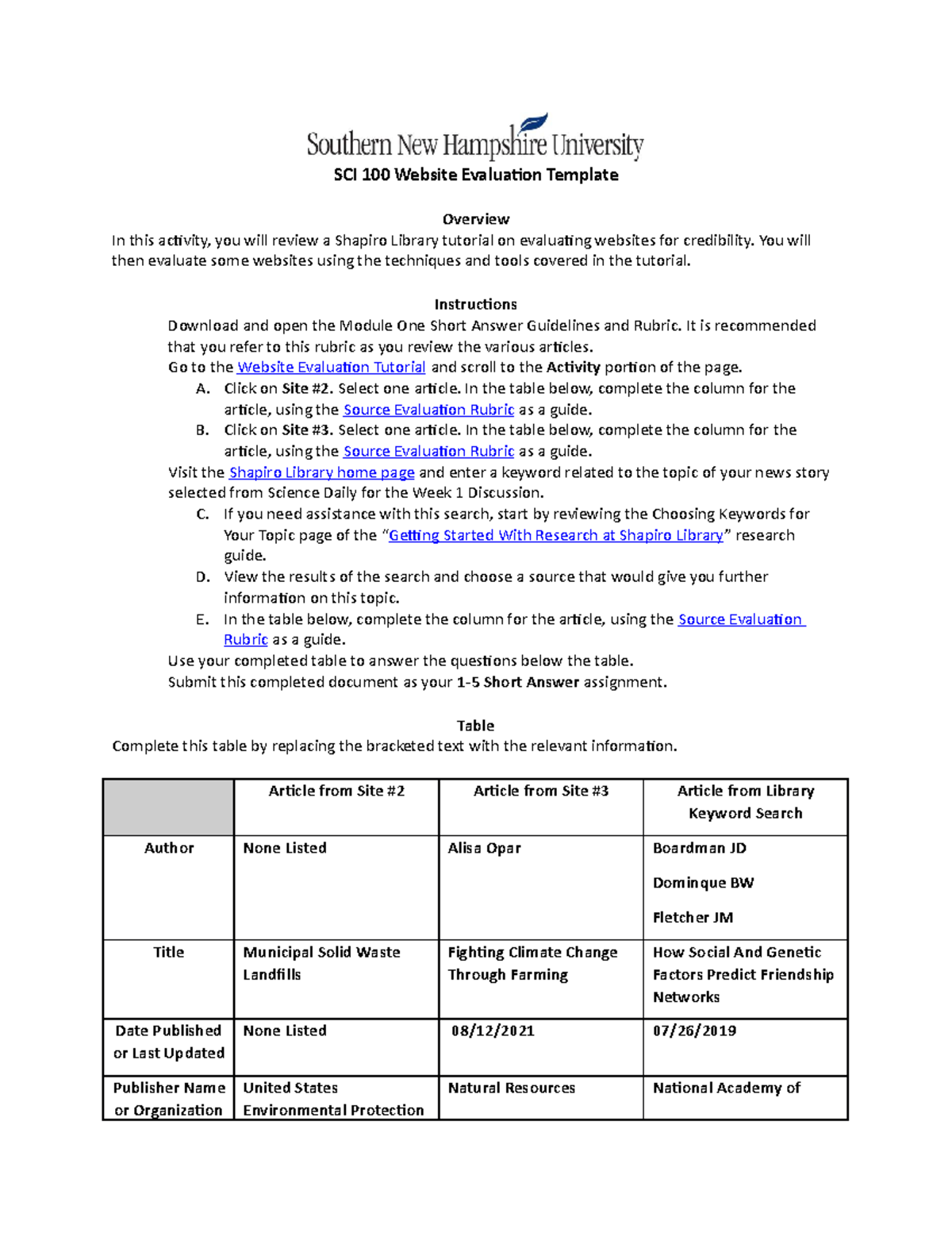 SCI 100 Website Evaluation Template - SCI 100 Website Evaluation Template Overview In this ...