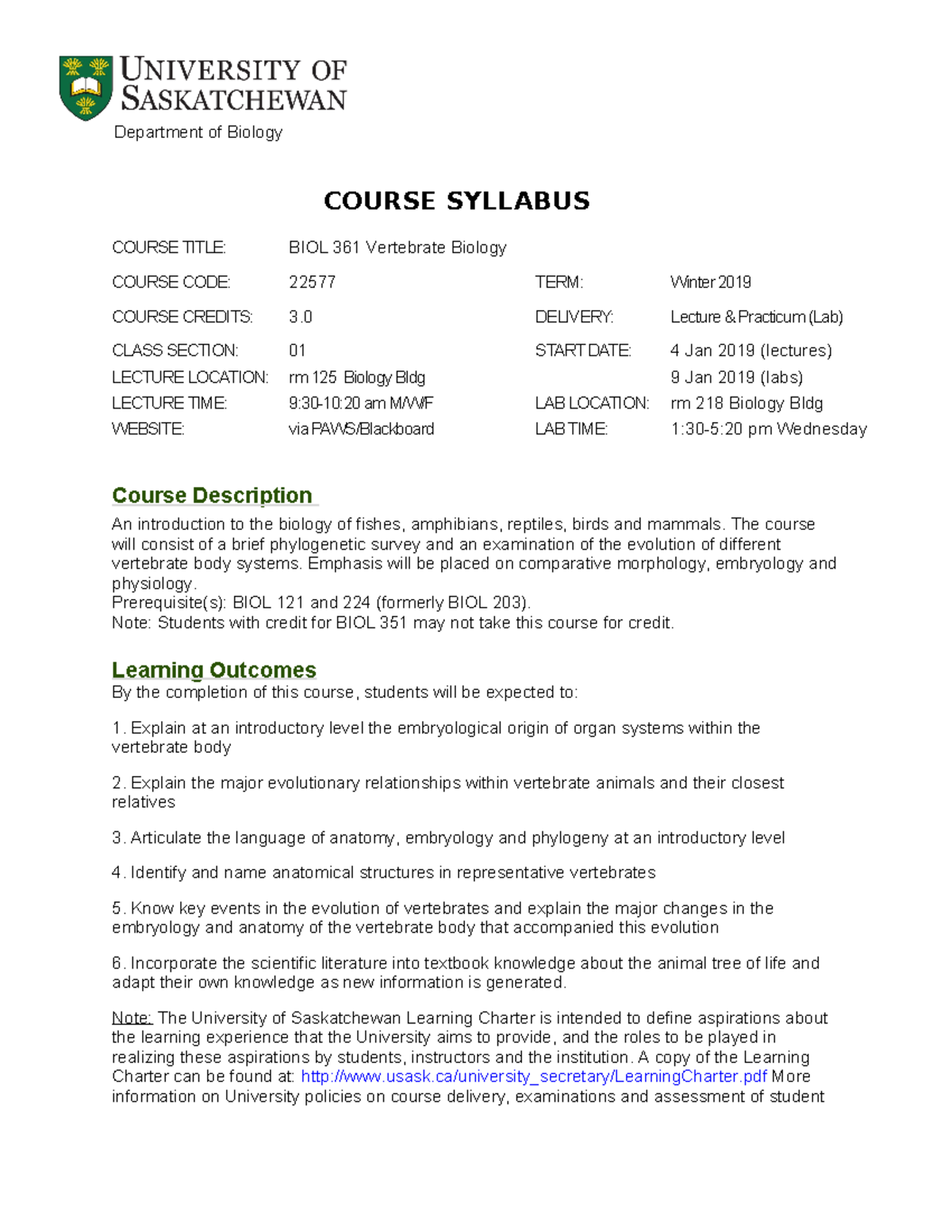 BIOL 361 winter 2019 syllabus - Department of Biology COURSE SYLLABUS ...