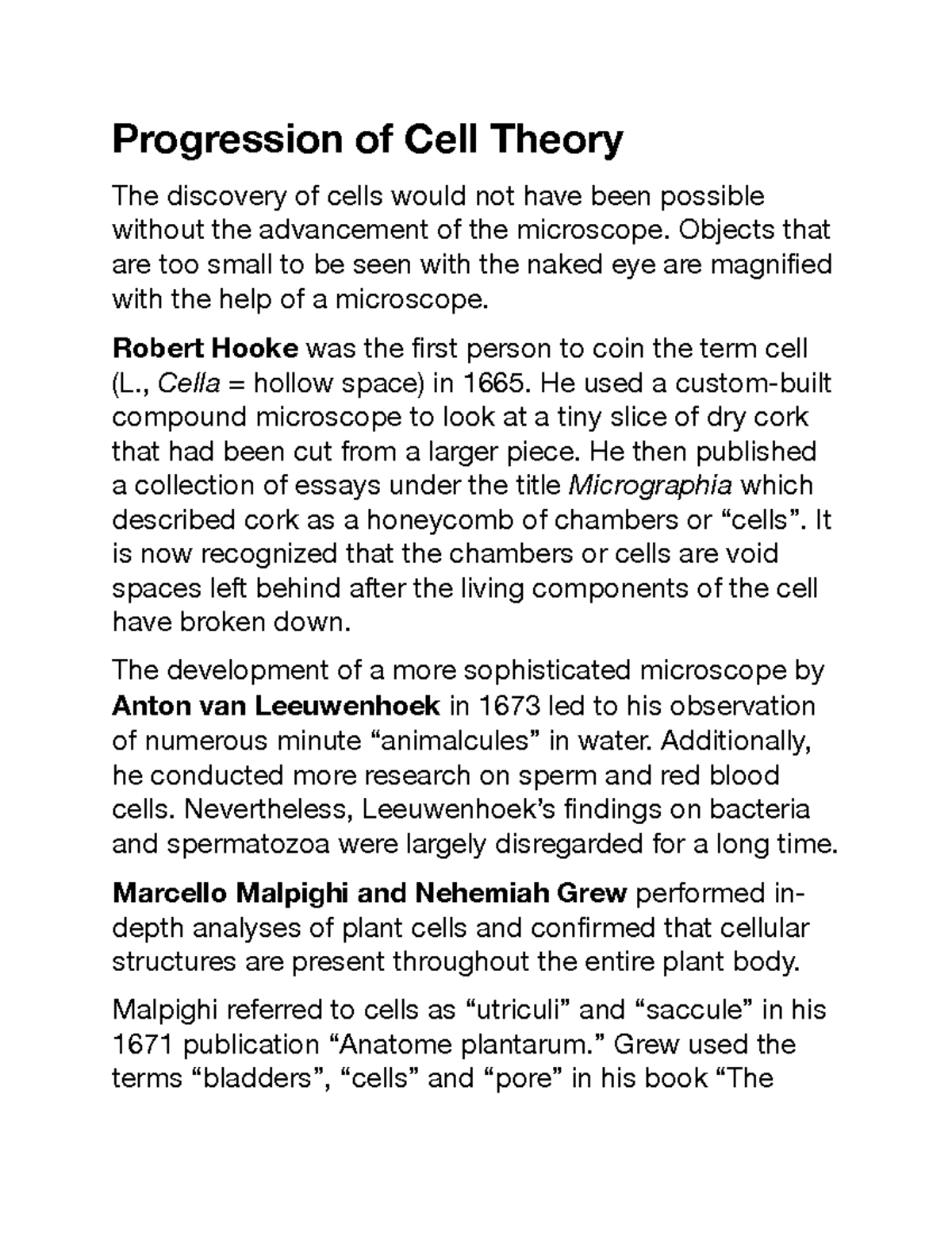 Bio 15 - Notes - Progression of Cell Theory The discovery of cells ...