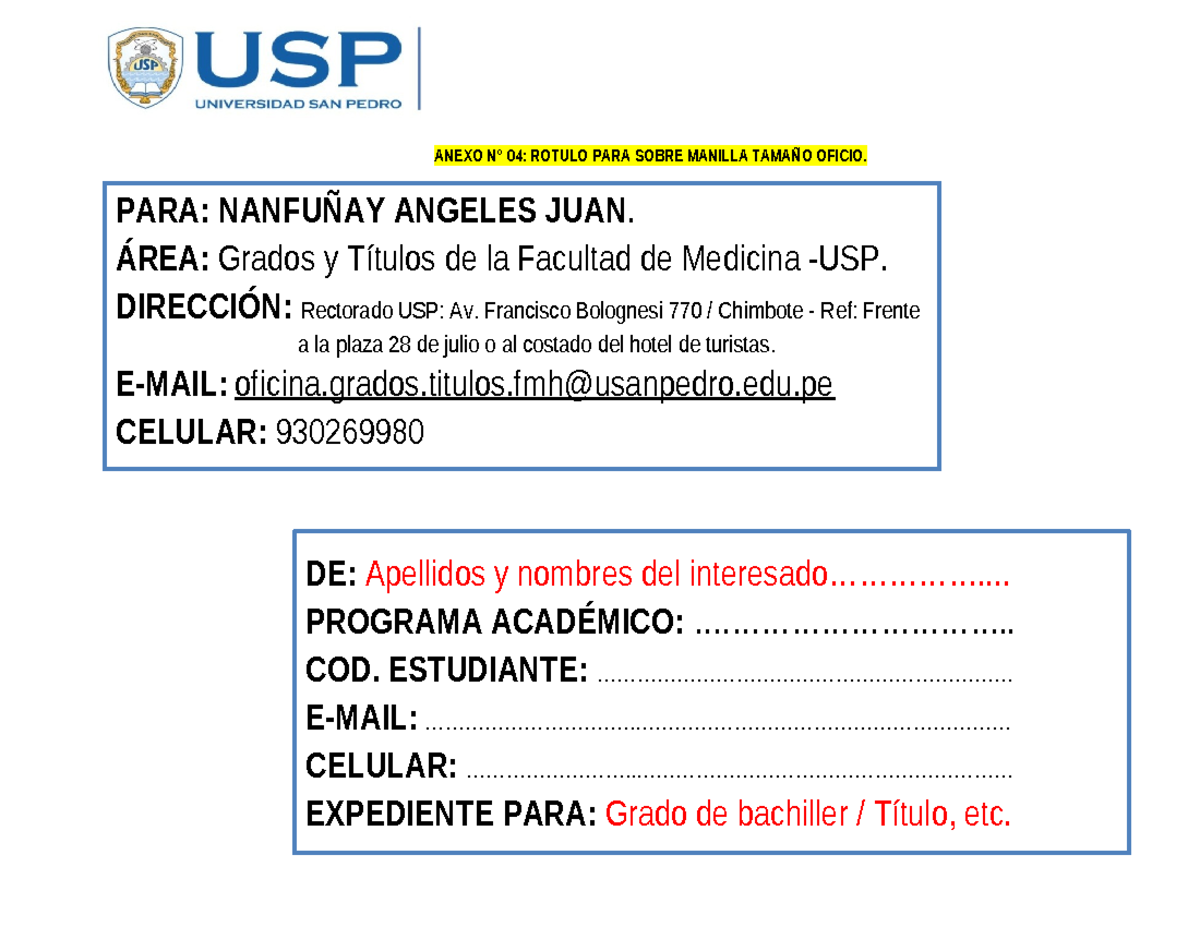Rotulo PARA Sobre OF - Xndnd - PARA: NANFUÑAY ANGELES JUAN. ÁREA ...