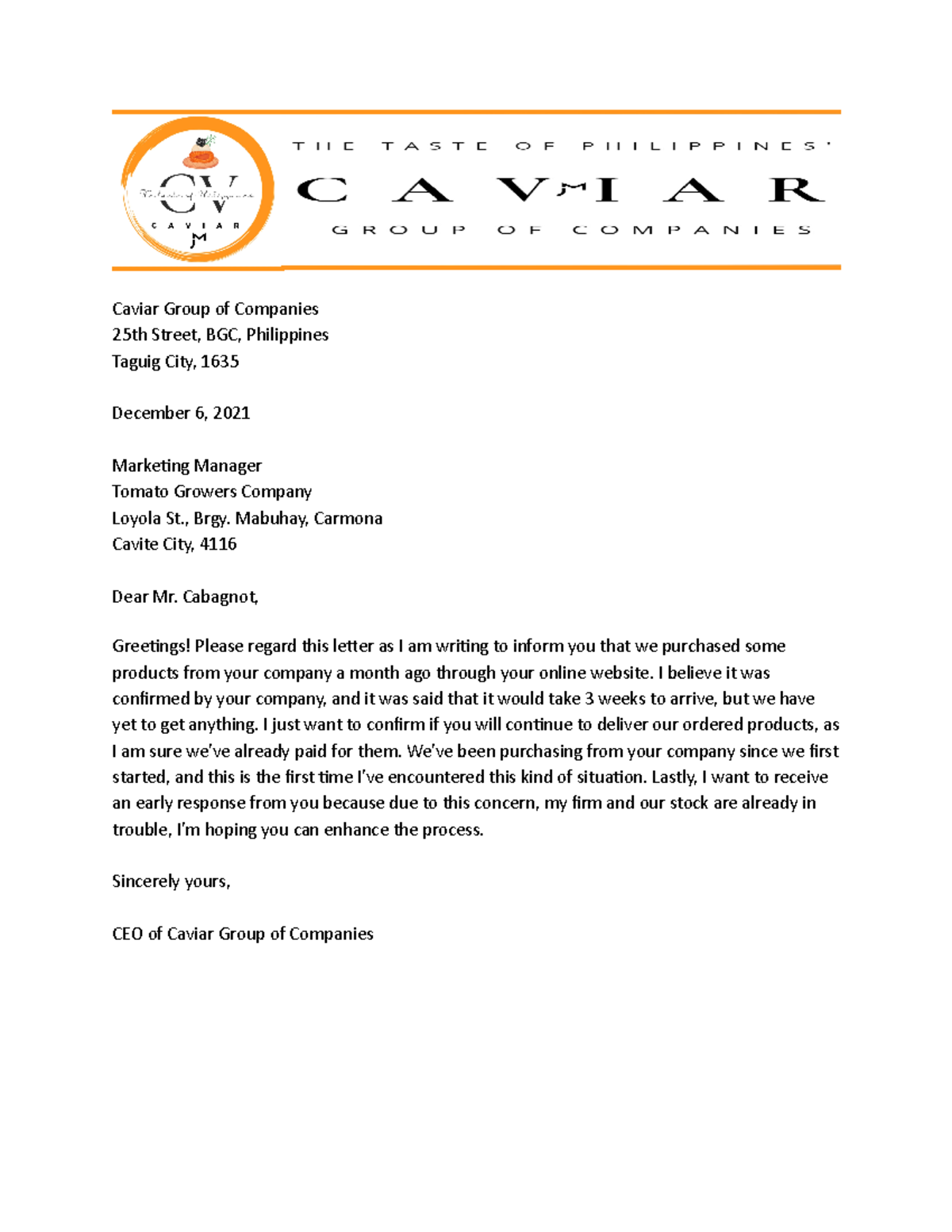 Business Letter (Task #1) - Caviar Group of Companies 25th Street, BGC ...