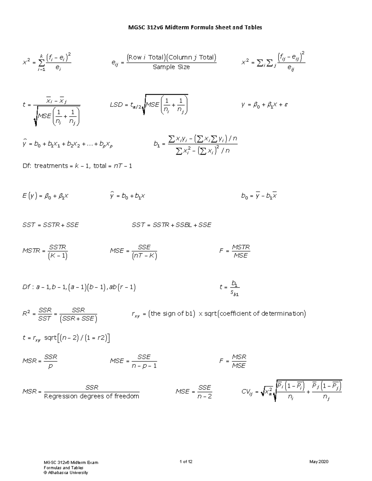 MGSC312v7Midterm Formulas Tables - MGSC 3 12v6 Midterm F ormula S heet ...