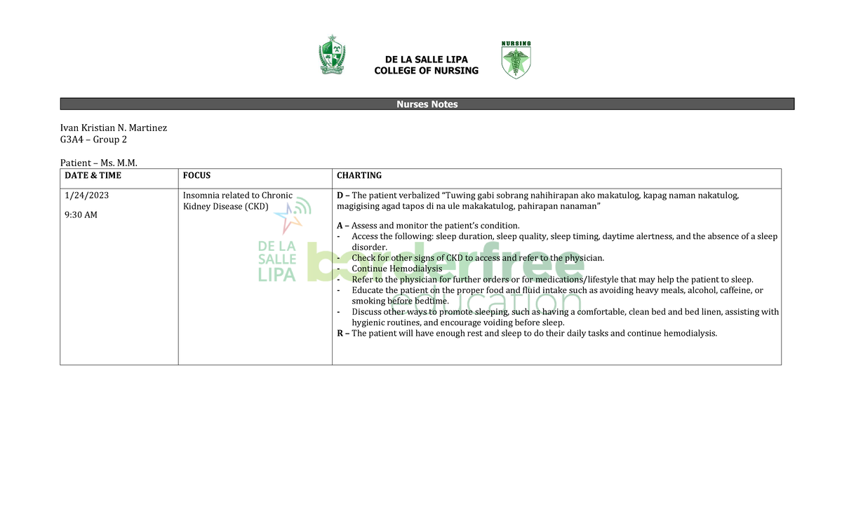 FDAR for Insomnia related to Chronic Kidney Disease - DATE & TIME FOCUS ...