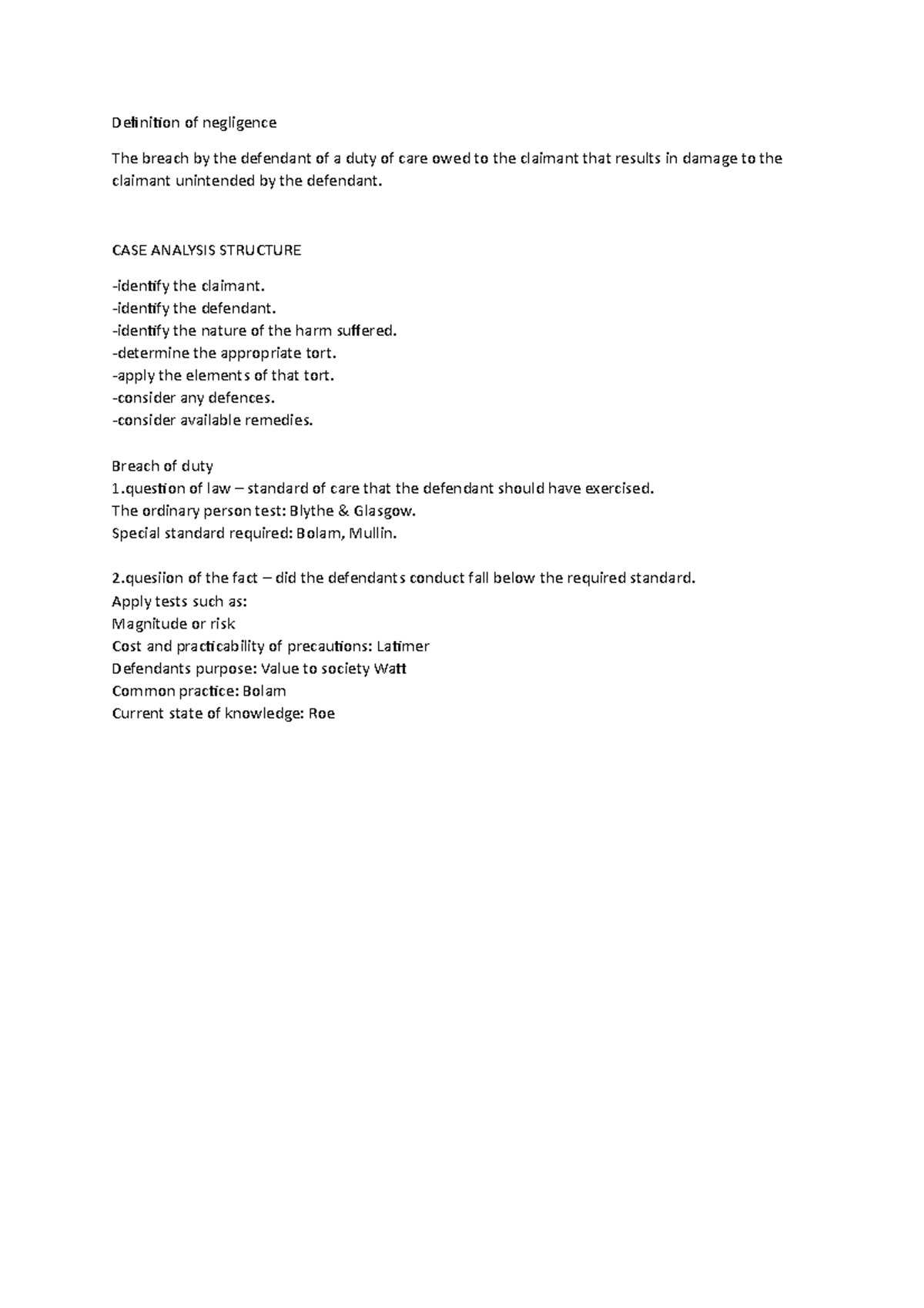 Definition of negligence - CASE ANALYSIS STRUCTURE -identify the ...