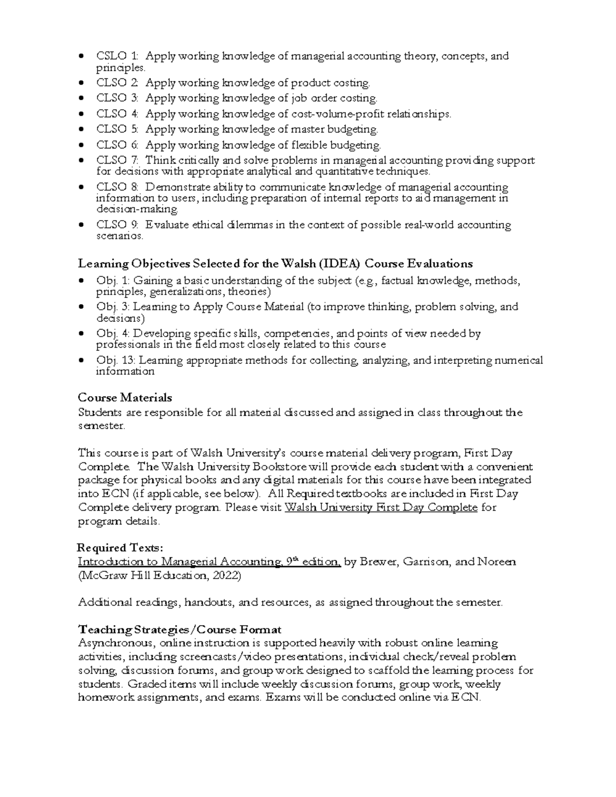 Accounting - Syl - CSLO 1: Apply working knowledge of managerial ...