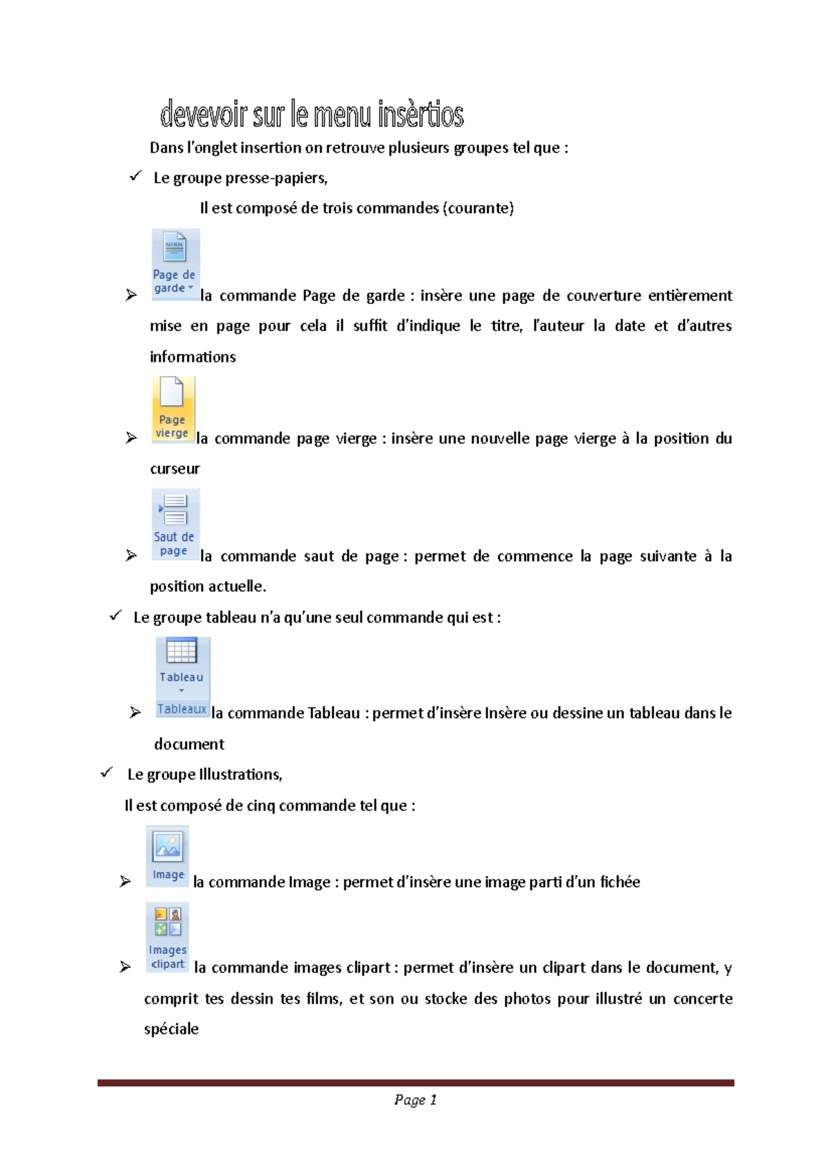 Microsoft word onglet accueil - Dans l’onglet insertion on retrouve plusieurs groupes tel que ...