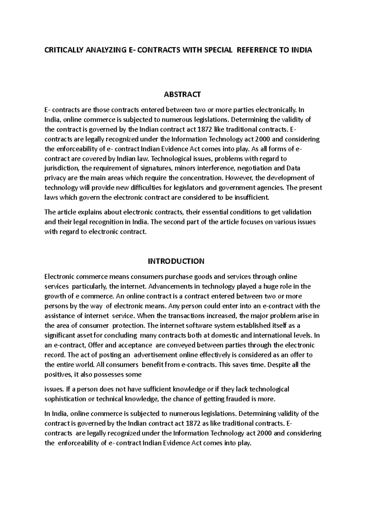 Critically Analyzing Ecommerce Critically Analyzing E Contracts With Special Reference To