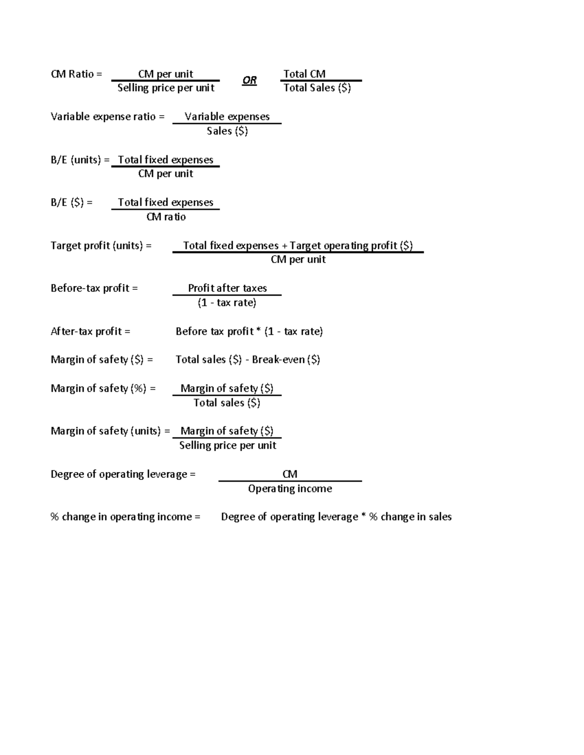 CVP Formula List - managerial Accounting - CM Ratio = Total CM Total Sales ($) Variable expense ...