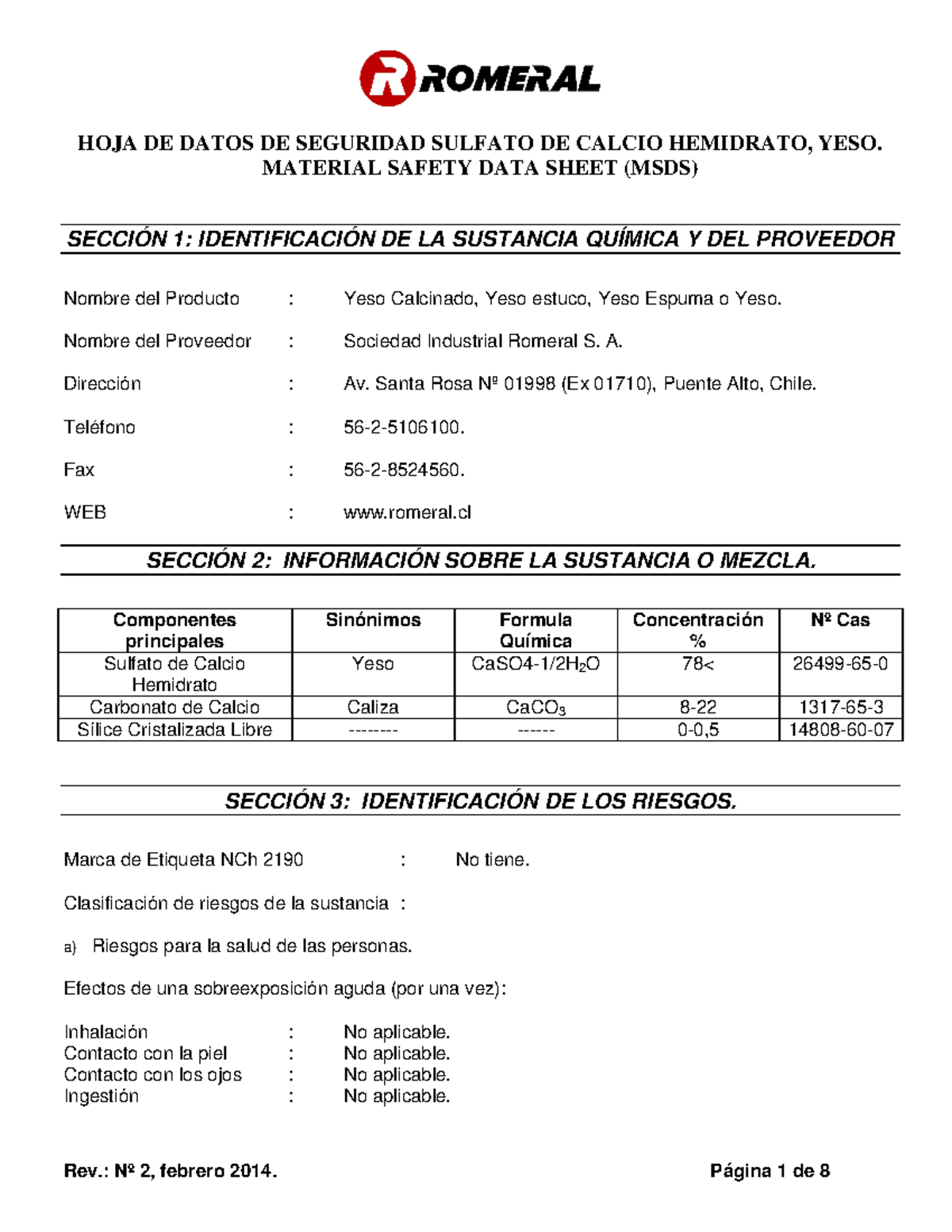 2018 0426110906 hds yeso calcinado yeso espuma - MATERIAL SAFETY DATA ...