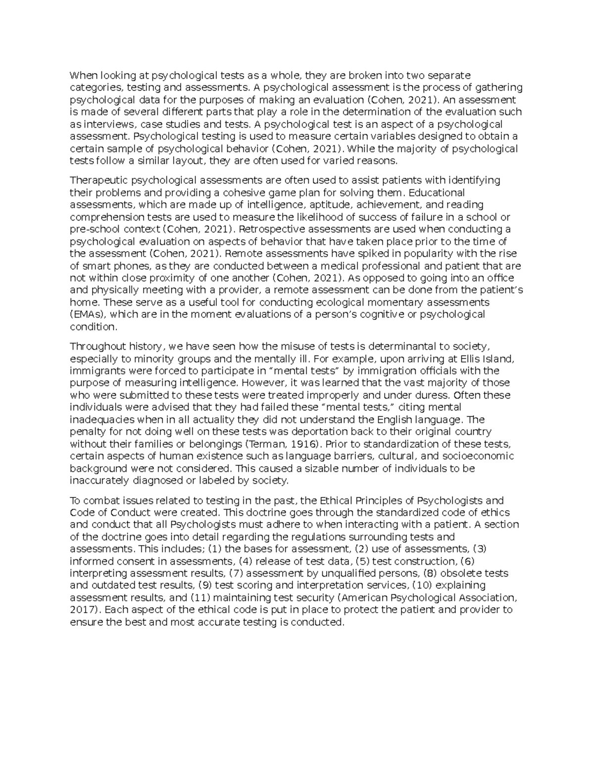 Module 1 Short Paper - When looking at psychological tests as a whole ...