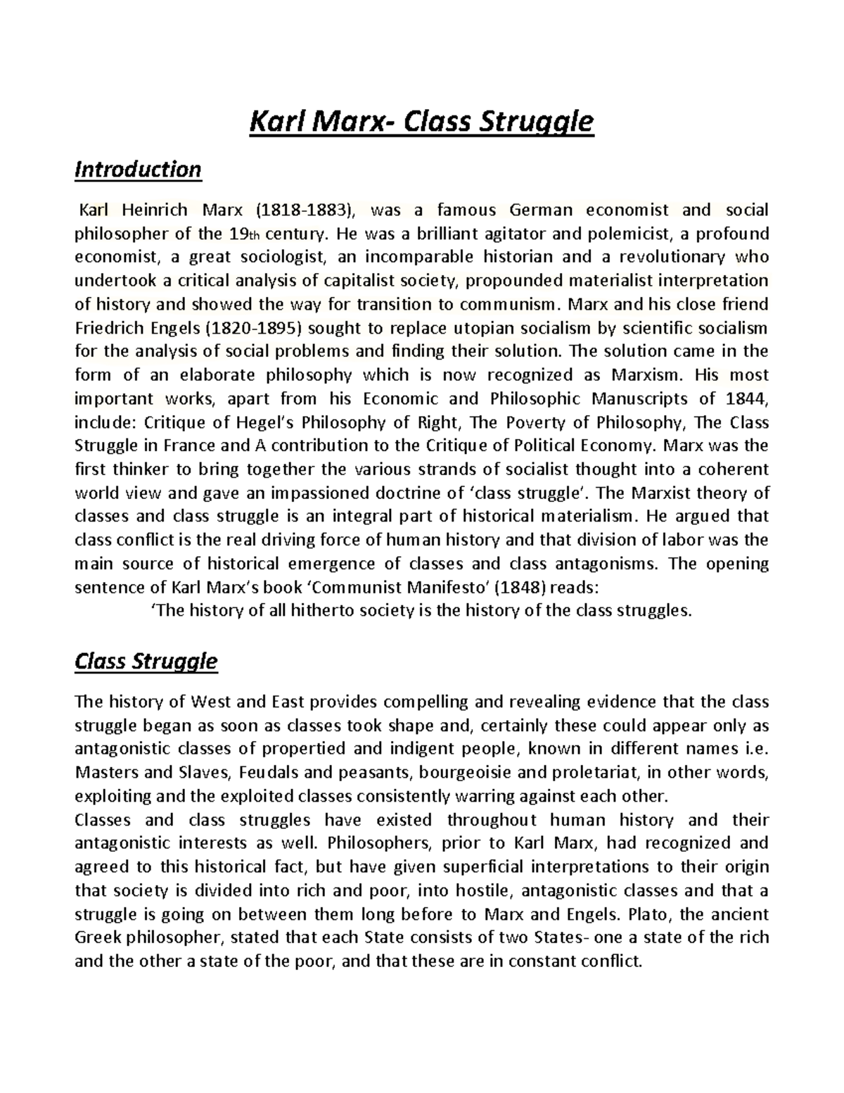 Karl Marx Class Struggle - Karl Marx- Class Struggle Introduction Karl Heinrich Marx (1818-1883 ...