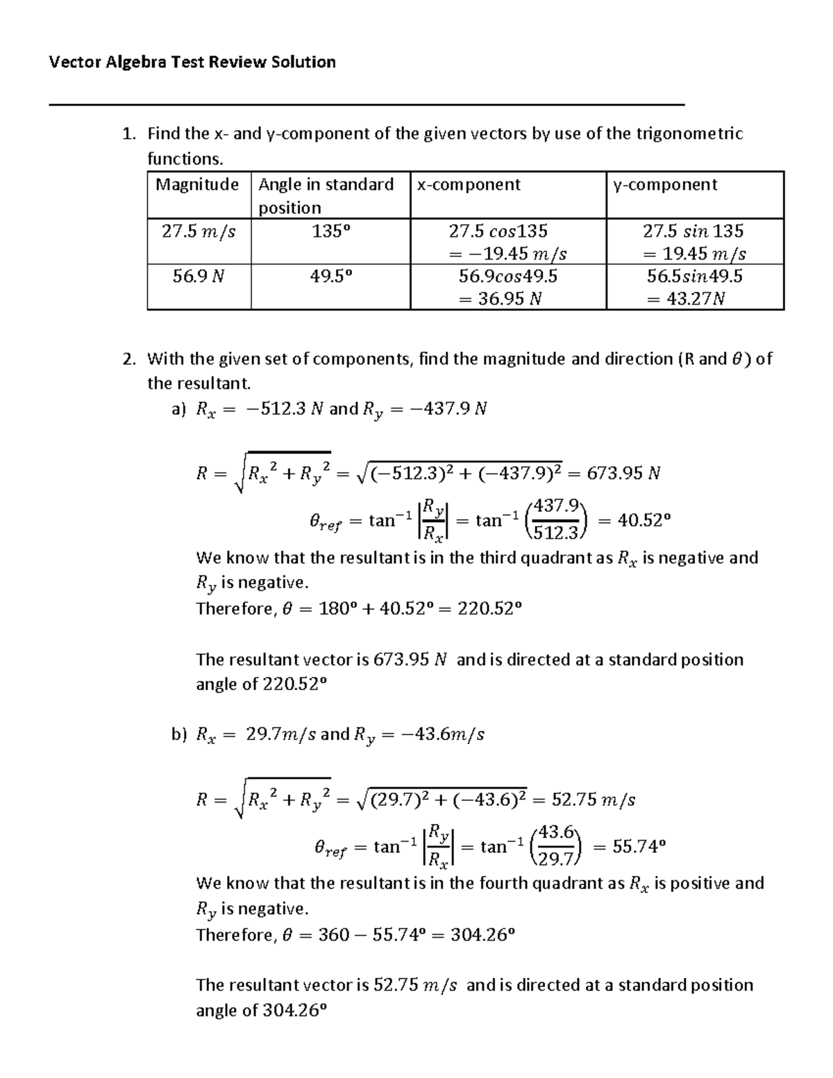 Vector Algebra Test Review solutions - Vector Algebra Test Review ...