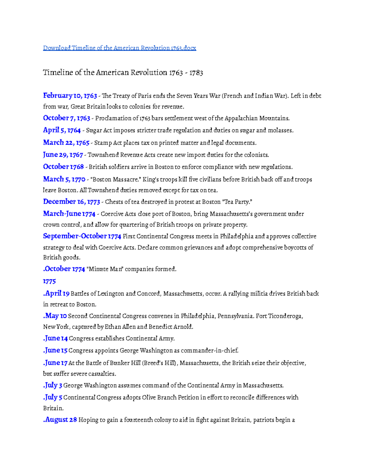 HIS-17 Nootes-3. - Download Timeline of the American Revolution 1763 ...