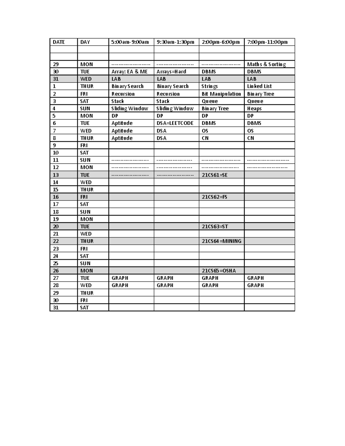 My Time Table - Data mining - DATE DAY 5:00am-9:00am 9:30am-1:30pm 2:00pm-6:00pm 7:00pm-11:00pm ...