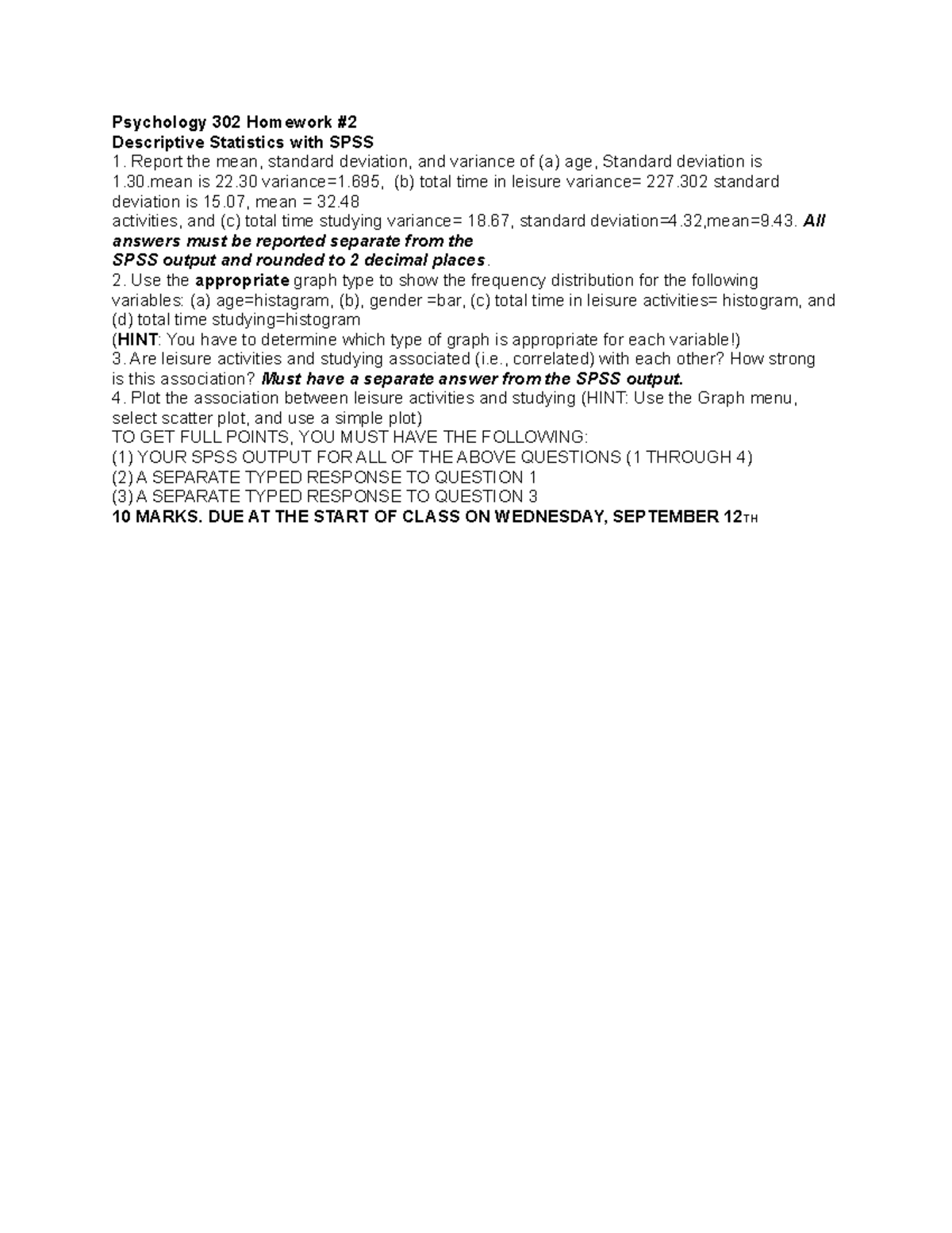 Psychology 302 Homework - Psychology 302 Homework # Descriptive ...