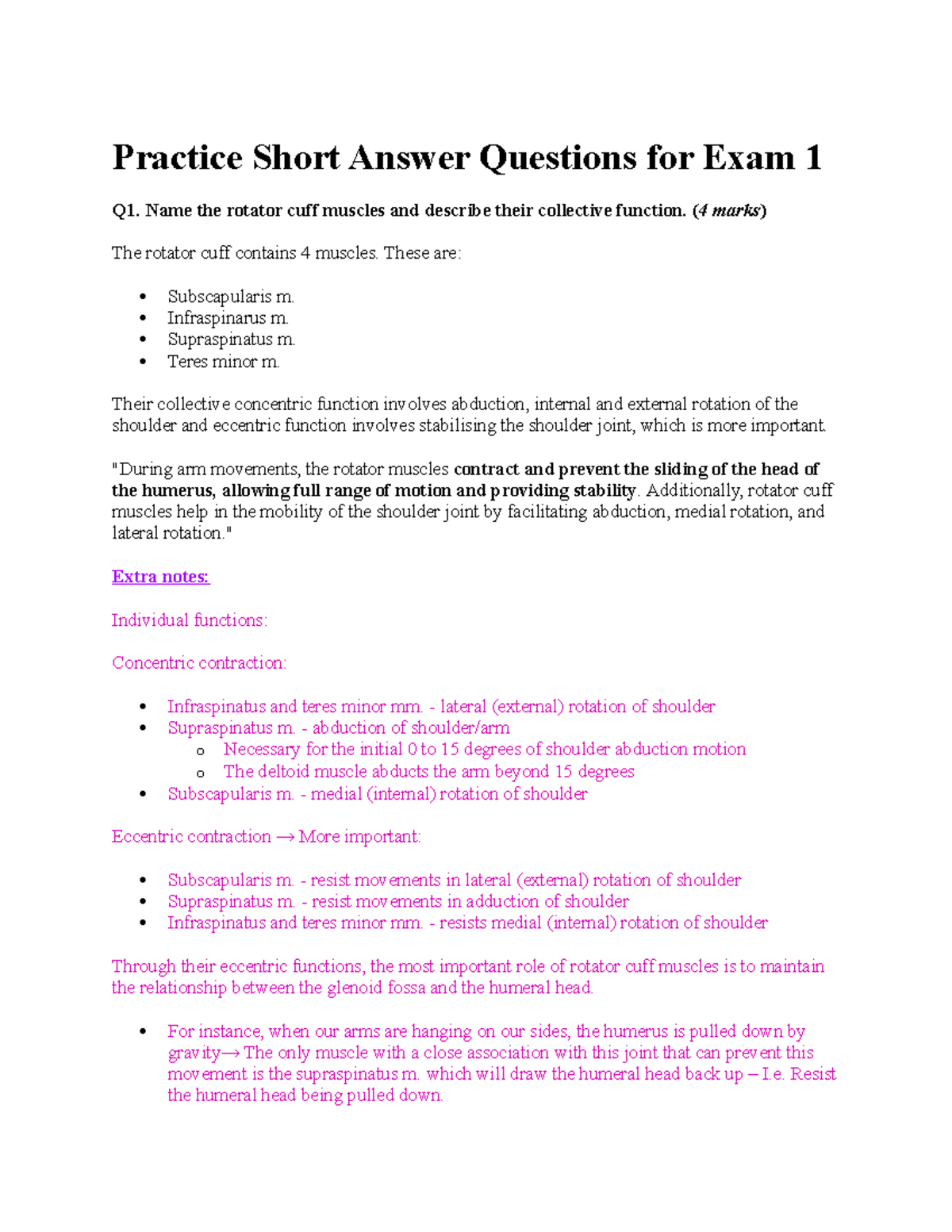 Practice Short Answer Questions for Exam 1 - Name the rotator cuff ...