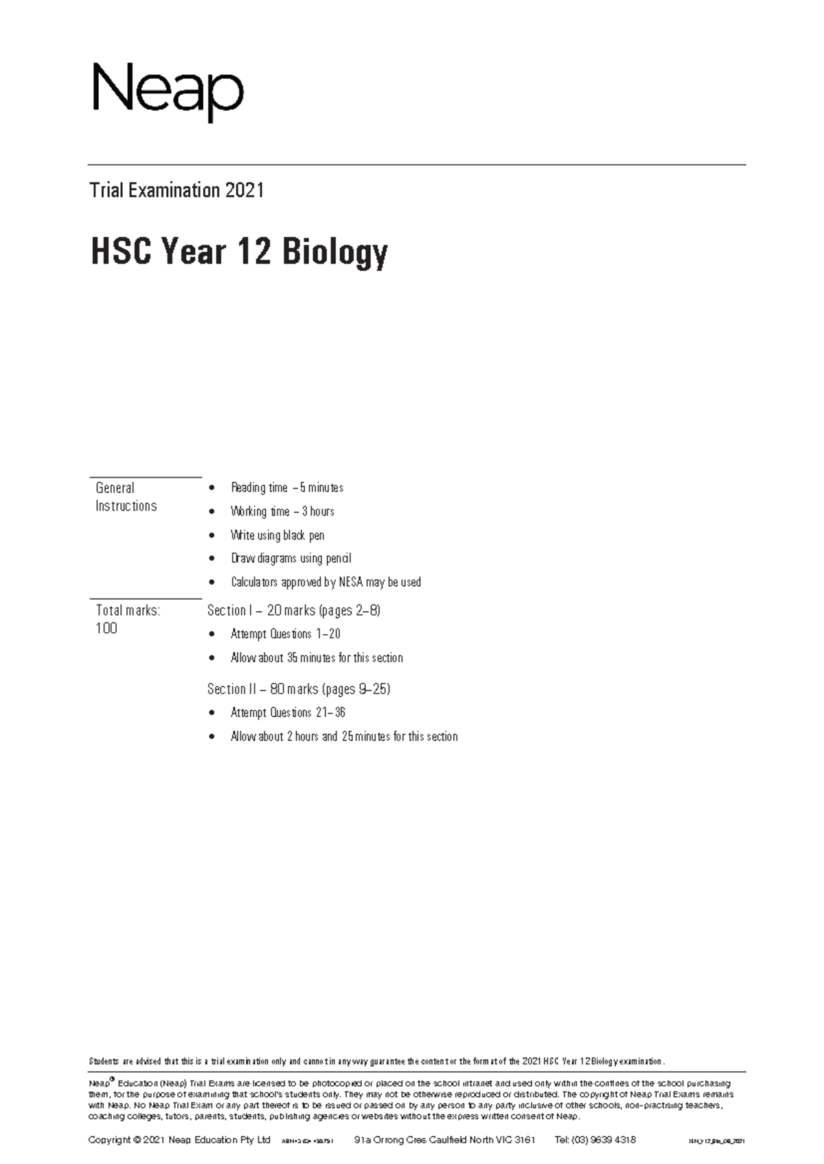 HSC Biology Year 12 Question and Answer Booklet 2021 - Neap® Education ...