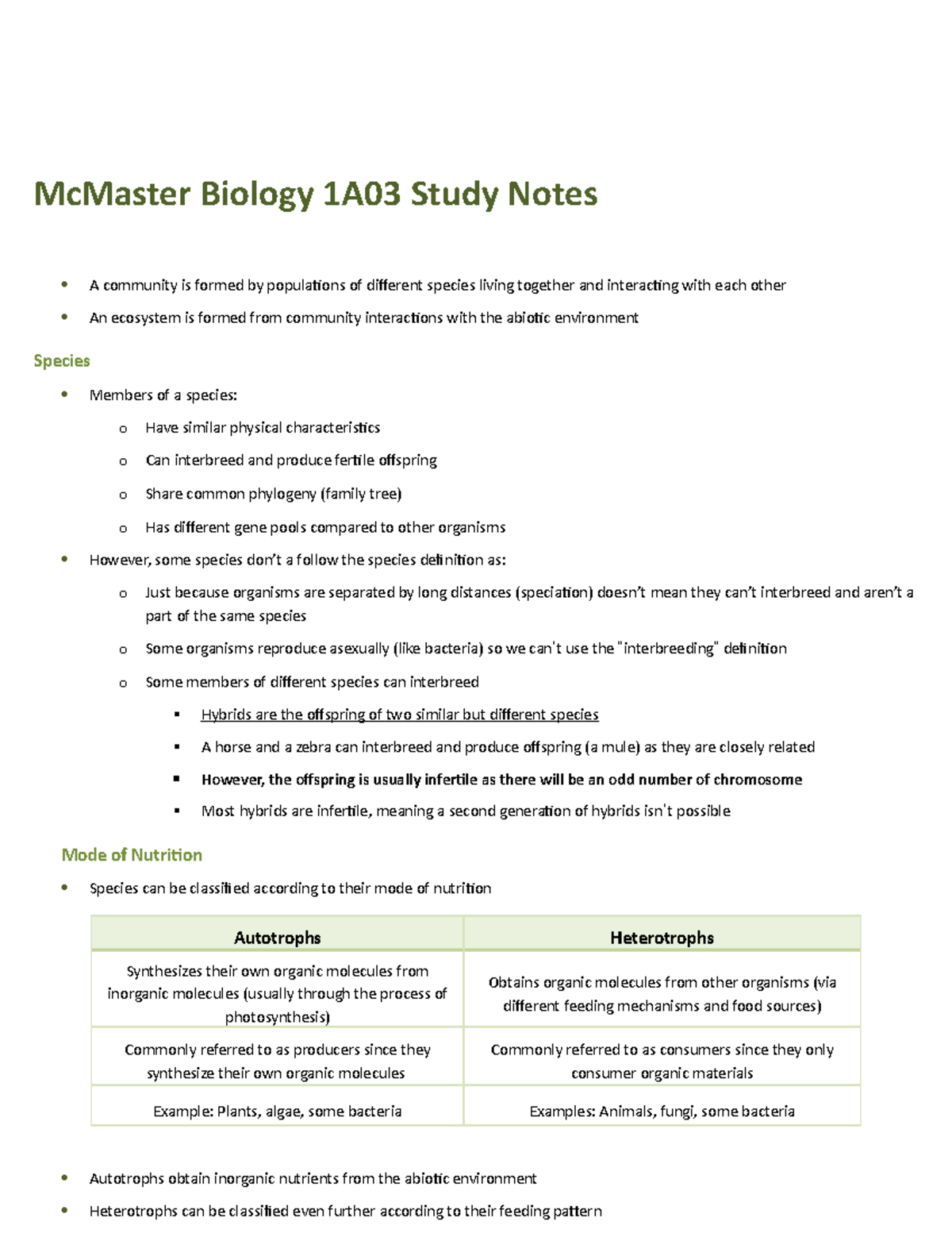 Bio 1a03 study - Lecture notes 5-6 - McMaster Biology 1A03 Study Notes ...