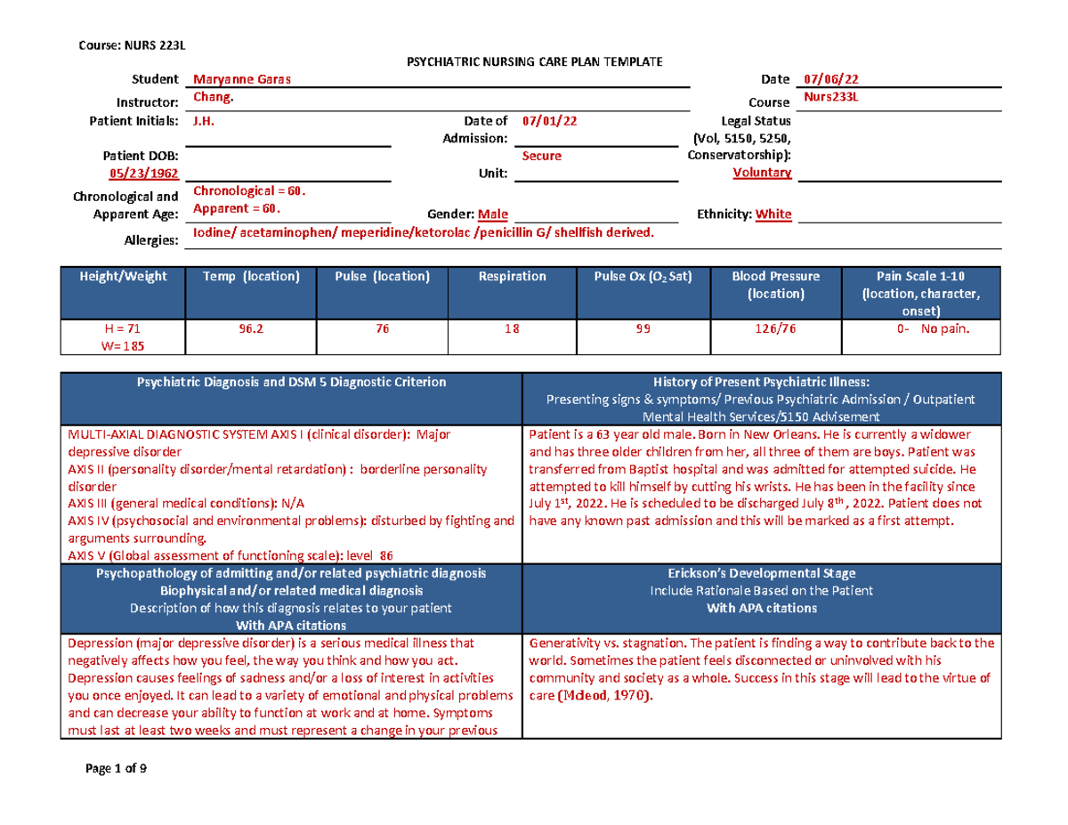 Care plan mental health - PSYCHIATRIC NURSING CARE PLAN TEMPLATE ...