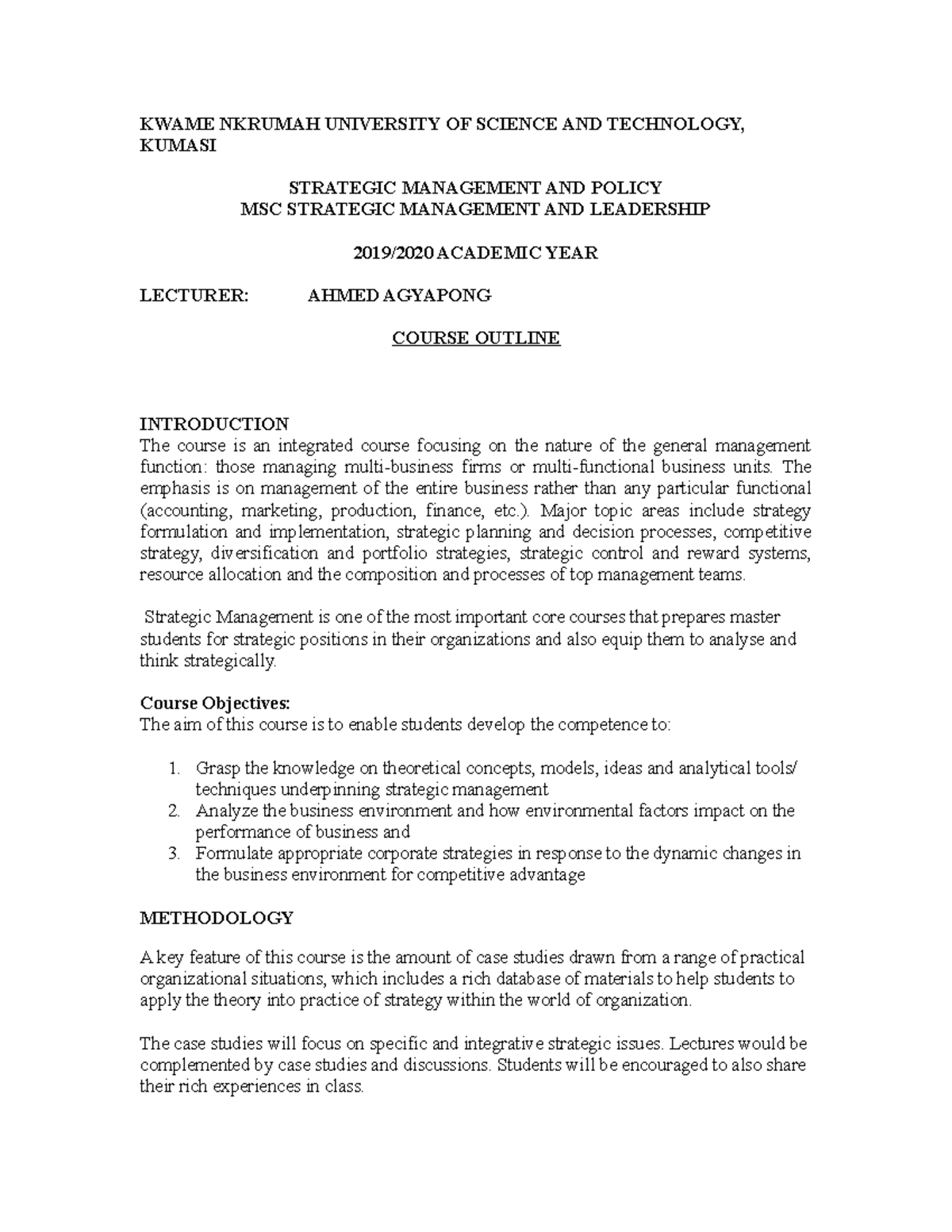 Strategic Management Course Outline 2019 - Strategic Management and ...