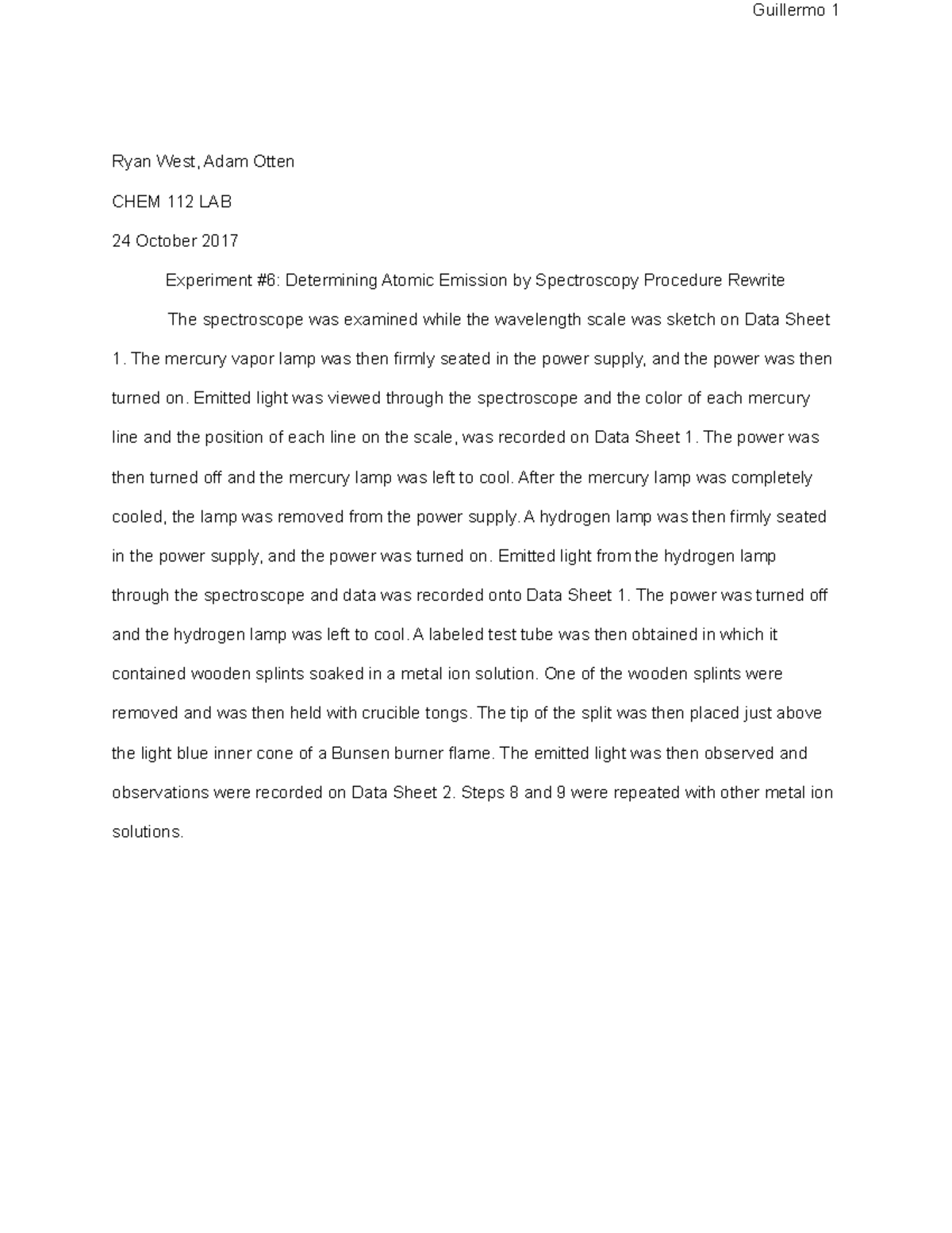 Experiment #6 Procedure Rewrite - (Chem 112) - Guillermo 1 Ryan West ...