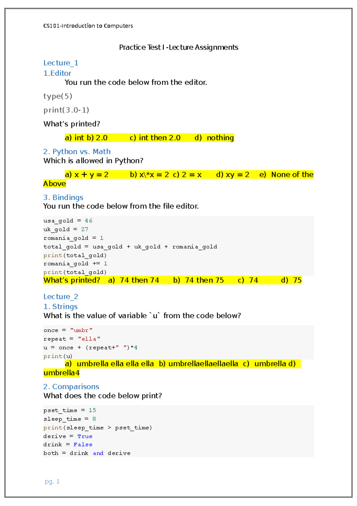 Lecture Assignments 1 5 - Practice Test I -Lecture Assignments Lecture ...